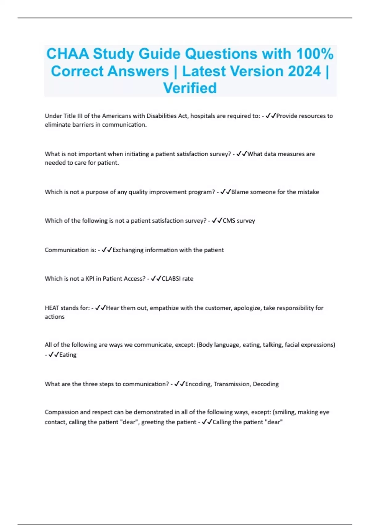 CHAA Study Guide Questions with 100% Correct Answers | Latest Version ...