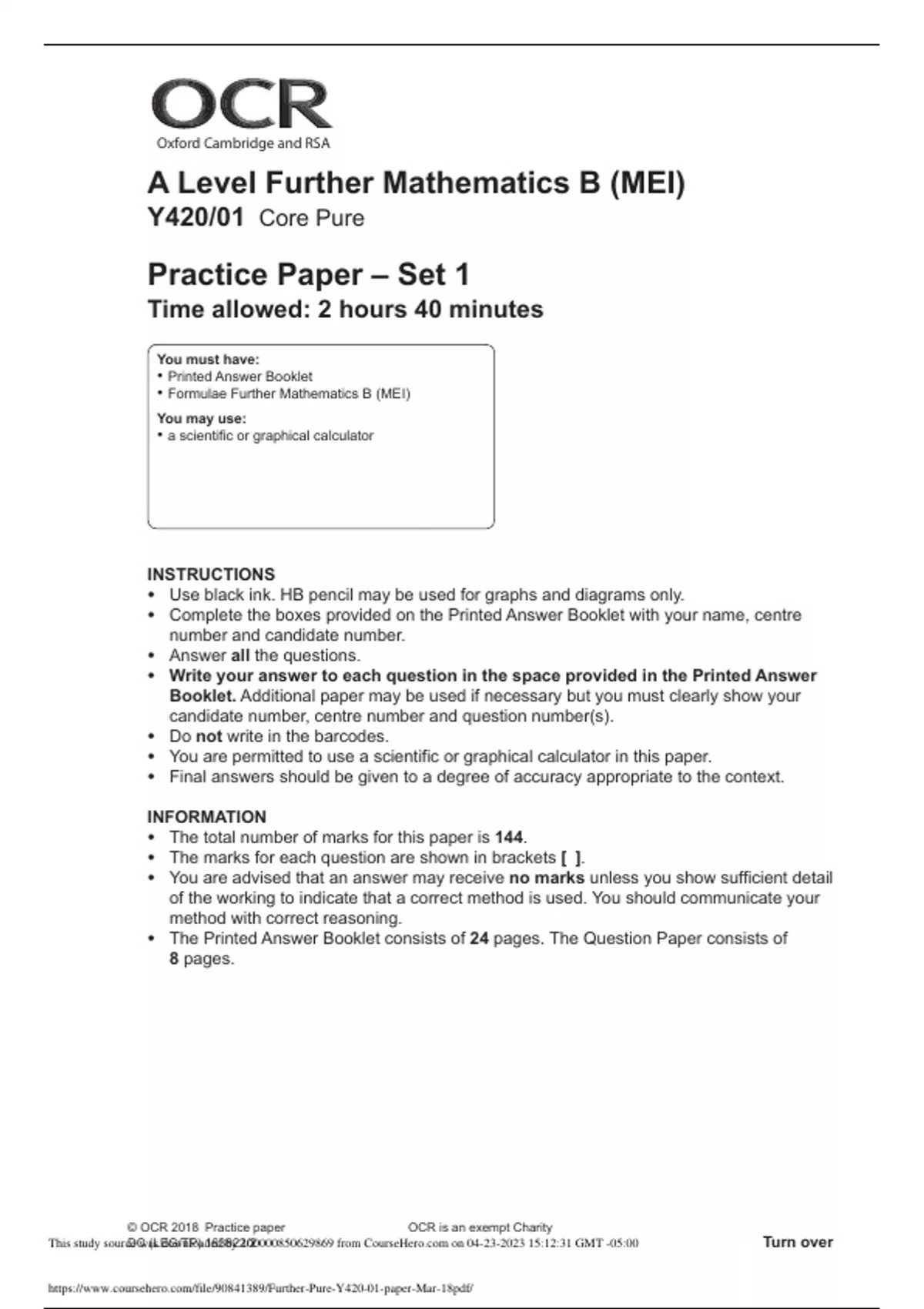 A Level Further Mathematics B (MEI) Y420/01 Core Pure Practice Paper ...