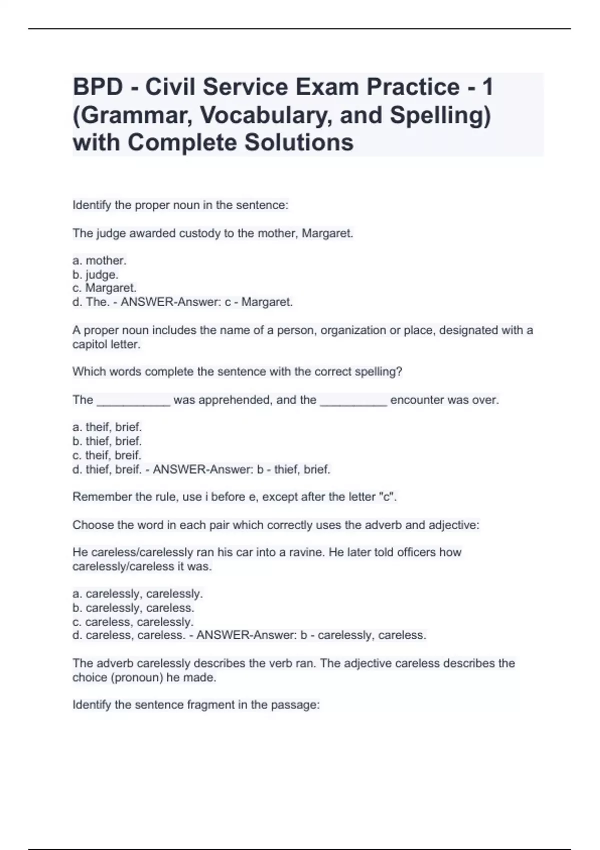 BPD - Civil Service Exam Practice - 1 (Grammar, Vocabulary, and ...