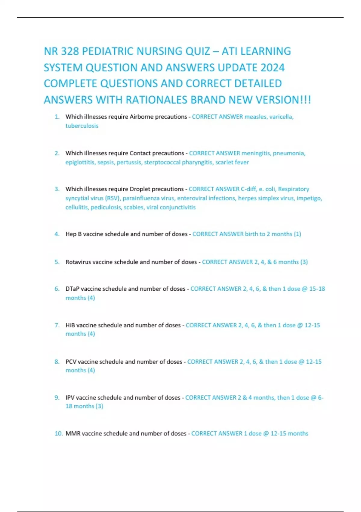 NR 328 PEDIATRIC NURSING QUIZ – ATI LEARNING SYSTEM QUESTION AND ...