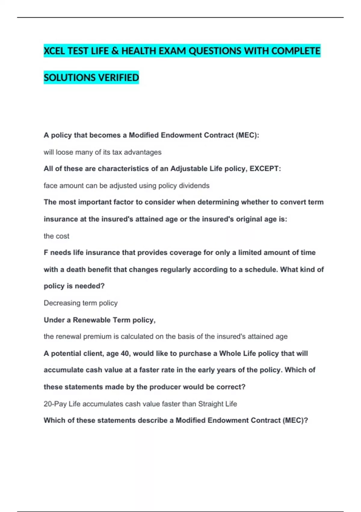 XCEL TEST LIFE & HEALTH EXAM QUESTIONS WITH COMPLETE SOLUTIONS VERIFIED ...