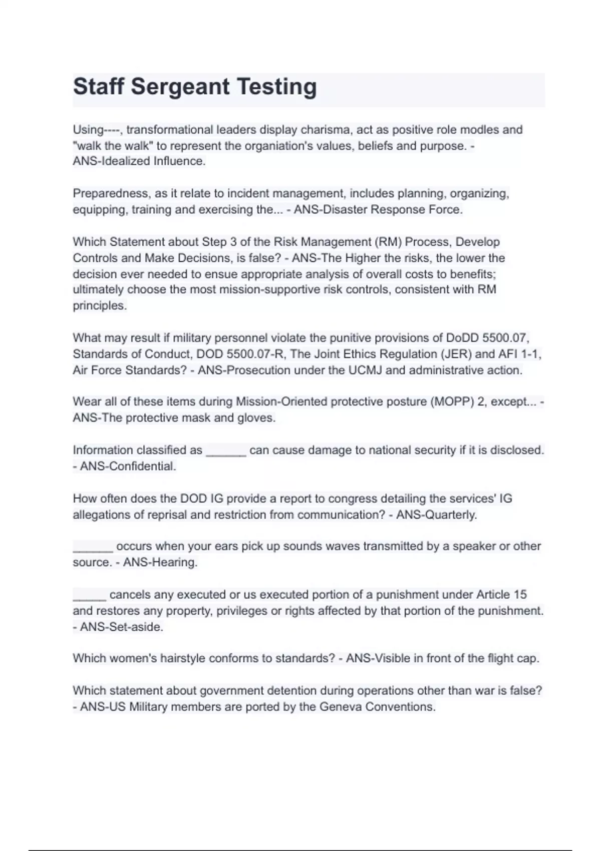 Staff Sergeant Testing - 4N051 - Stuvia US