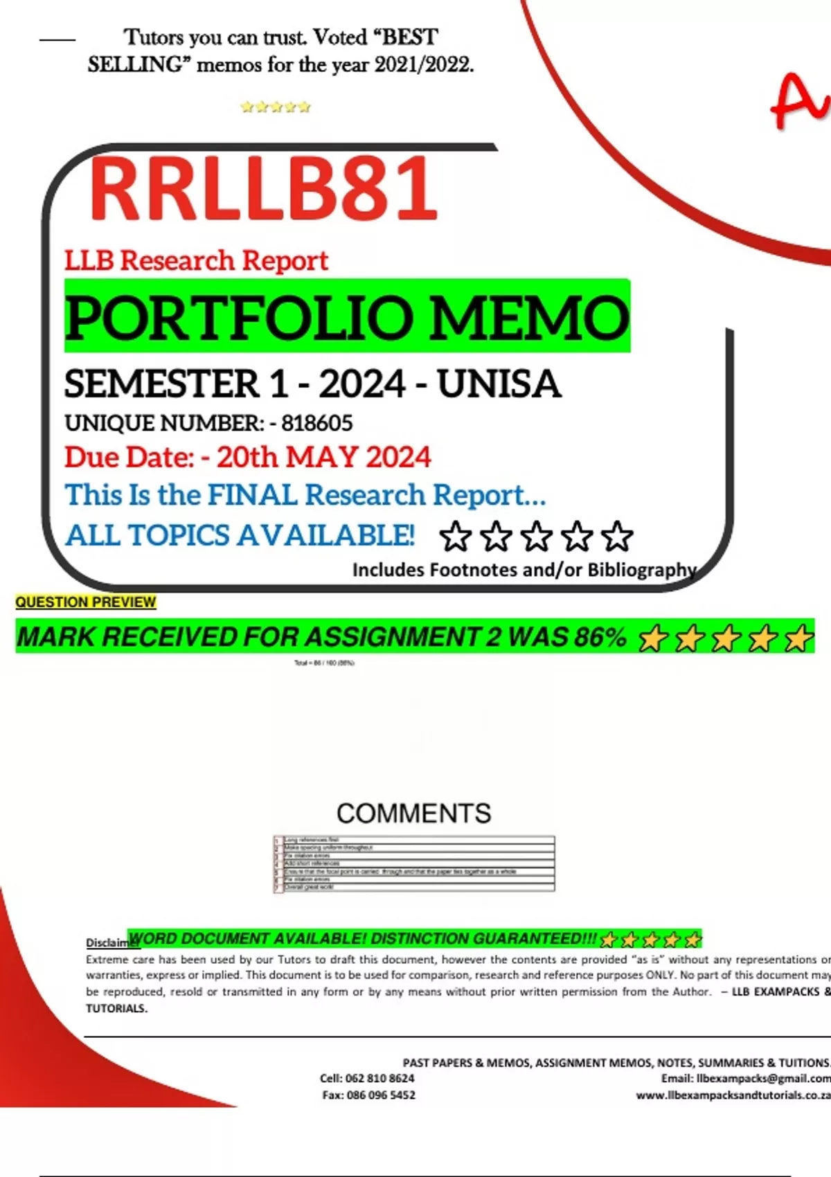 RRLLB81 PORTFOLIO MEMO - SEMESTER 1 - 2024 - UNISA - (UNIQUE NUMBER ...