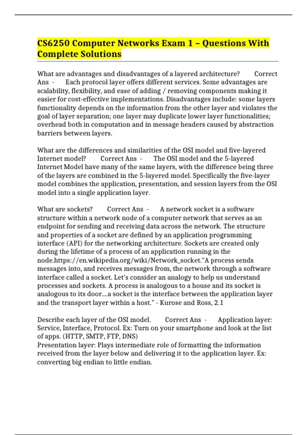 CS6250 Computer Networks Exam 1 – Questions With Complete Solutions - CS6250 - Stuvia US