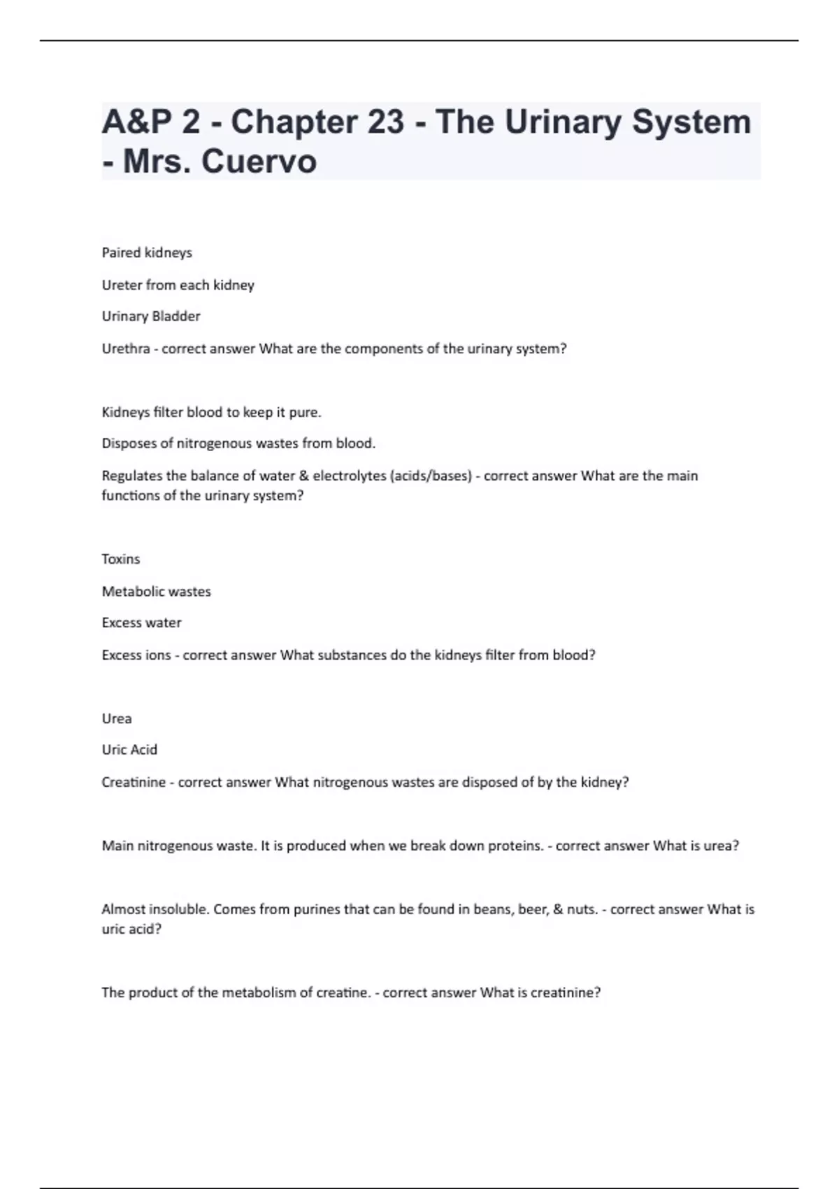 A&P 2 - Chapter 23 - The Urinary System - Mrs. Cuervo Question and ...