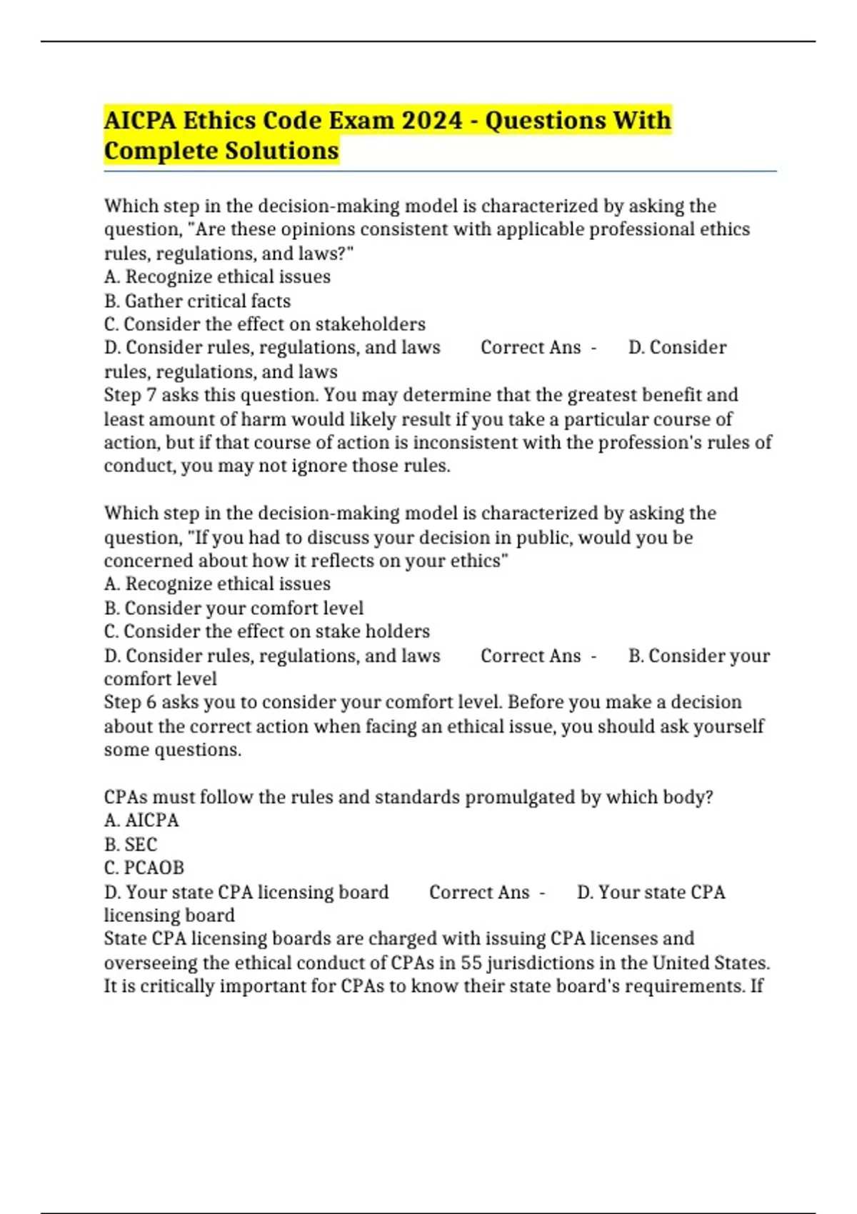 AICPA Ethics Code Exam 2024 - Questions With Complete Solutions - AICPA Code Of Conduct - Stuvia US