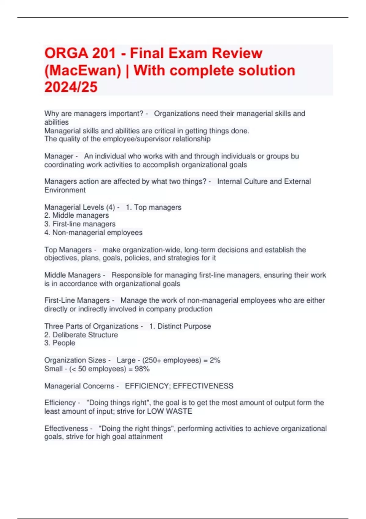 ORGA 201 - Final Exam Review (MacEwan) | With complete solution 2024/25 - ORGA 201 - Stuvia US