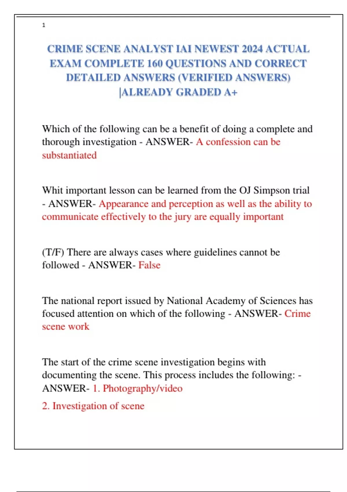 CRIME SCENE ANALYST IAI NEWEST 2024 ACTUAL EXAM COMPLETE 160 QUESTIONS AND CORRECT DETAILED ...