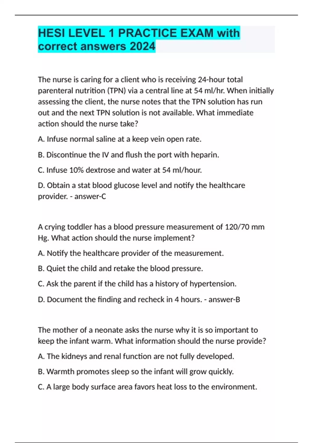 HESI LEVEL 1 PRACTICE EXAM with correct answers 2024 - RN HESI - Stuvia US