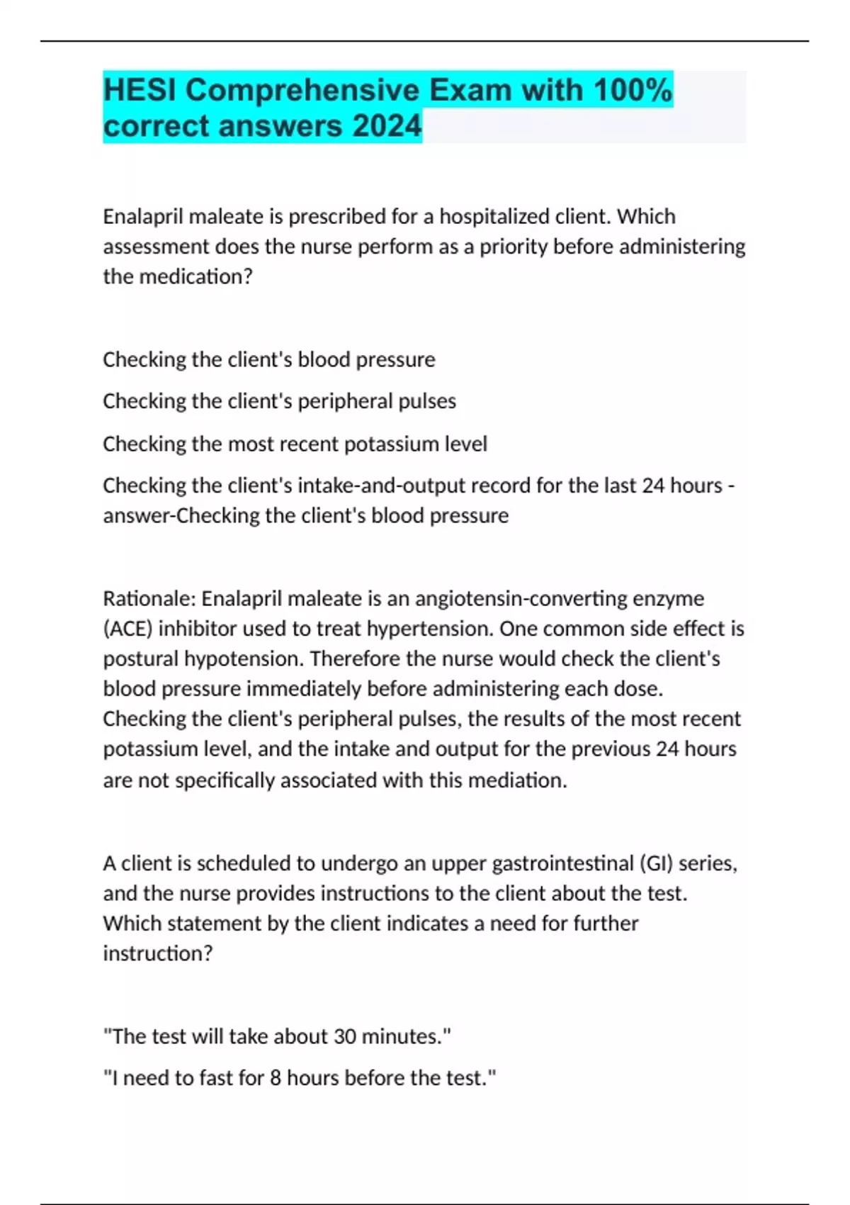 HESI Comprehensive Exam with 100% correct answers 2024 - RN HESI ...