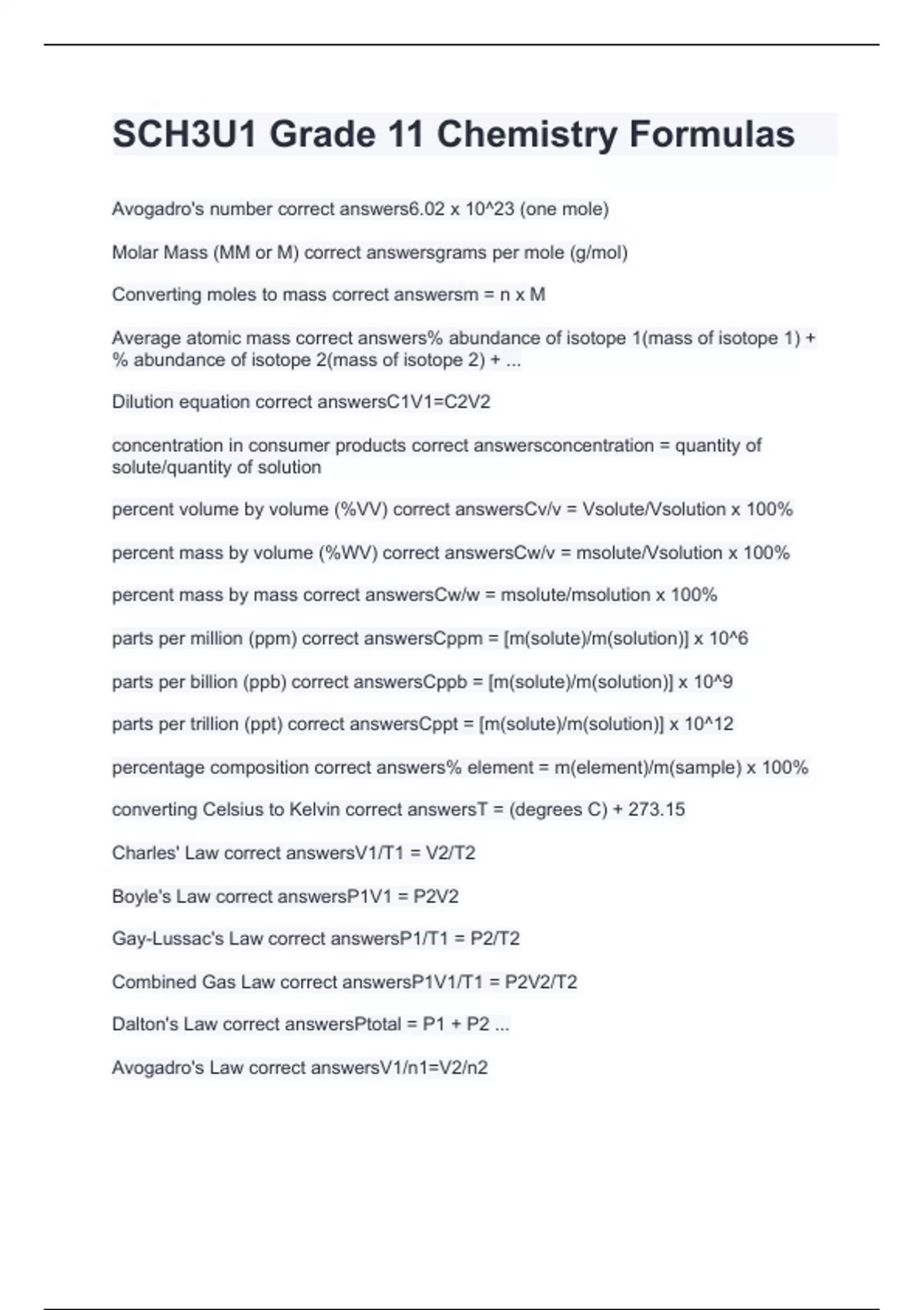 SCH3U1 Grade 11 Chemistry Formulas with 100% perfect solutions 2024 ...