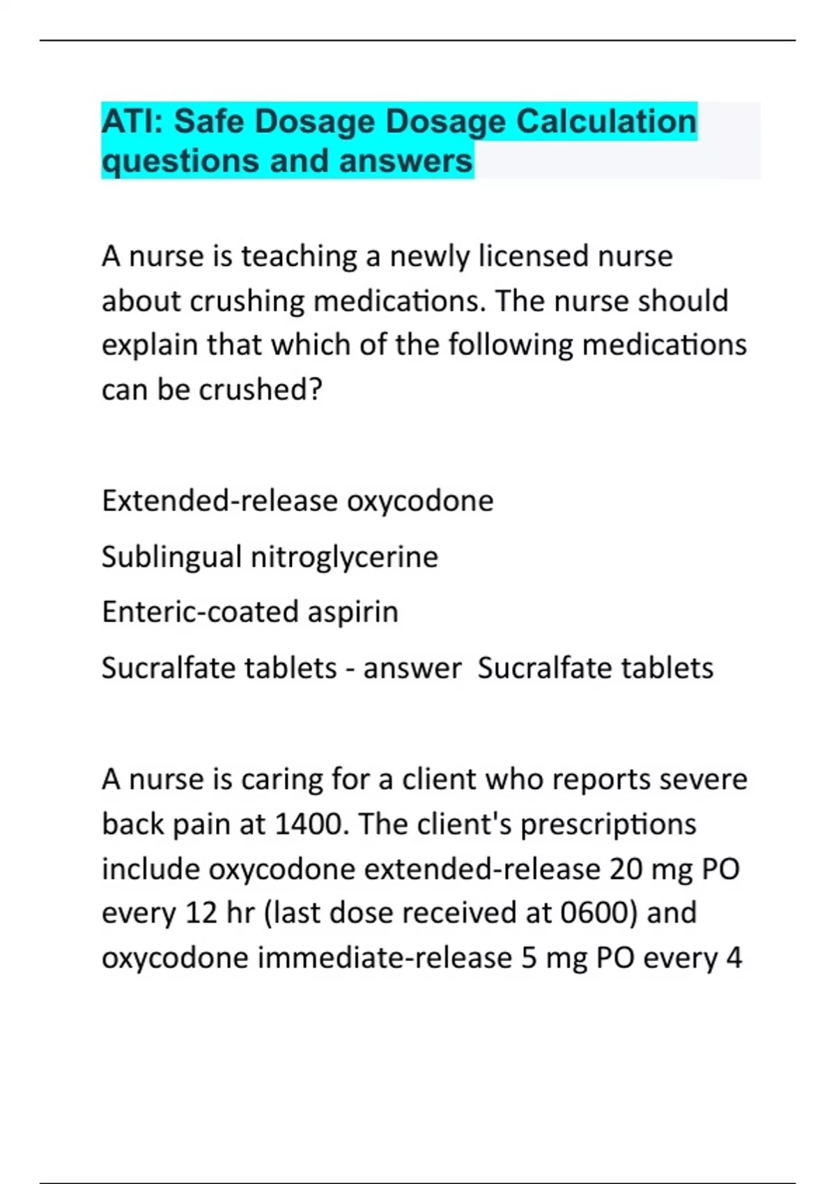 ATI Safe Dosage Dosage Calculation questions and answers - Ob dossage ...