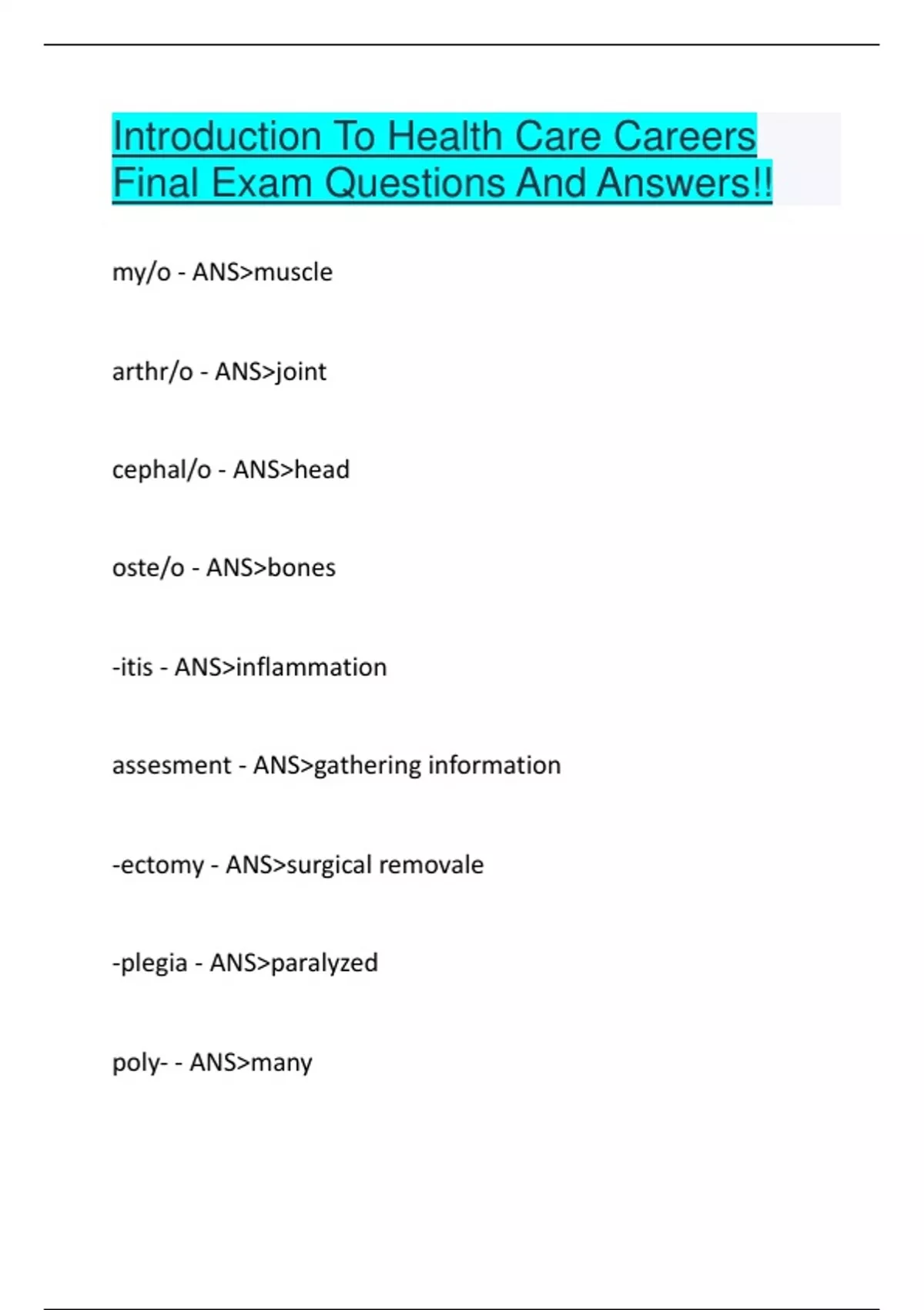Introduction To Health Care Careers Final Exam Questions And Answers ...