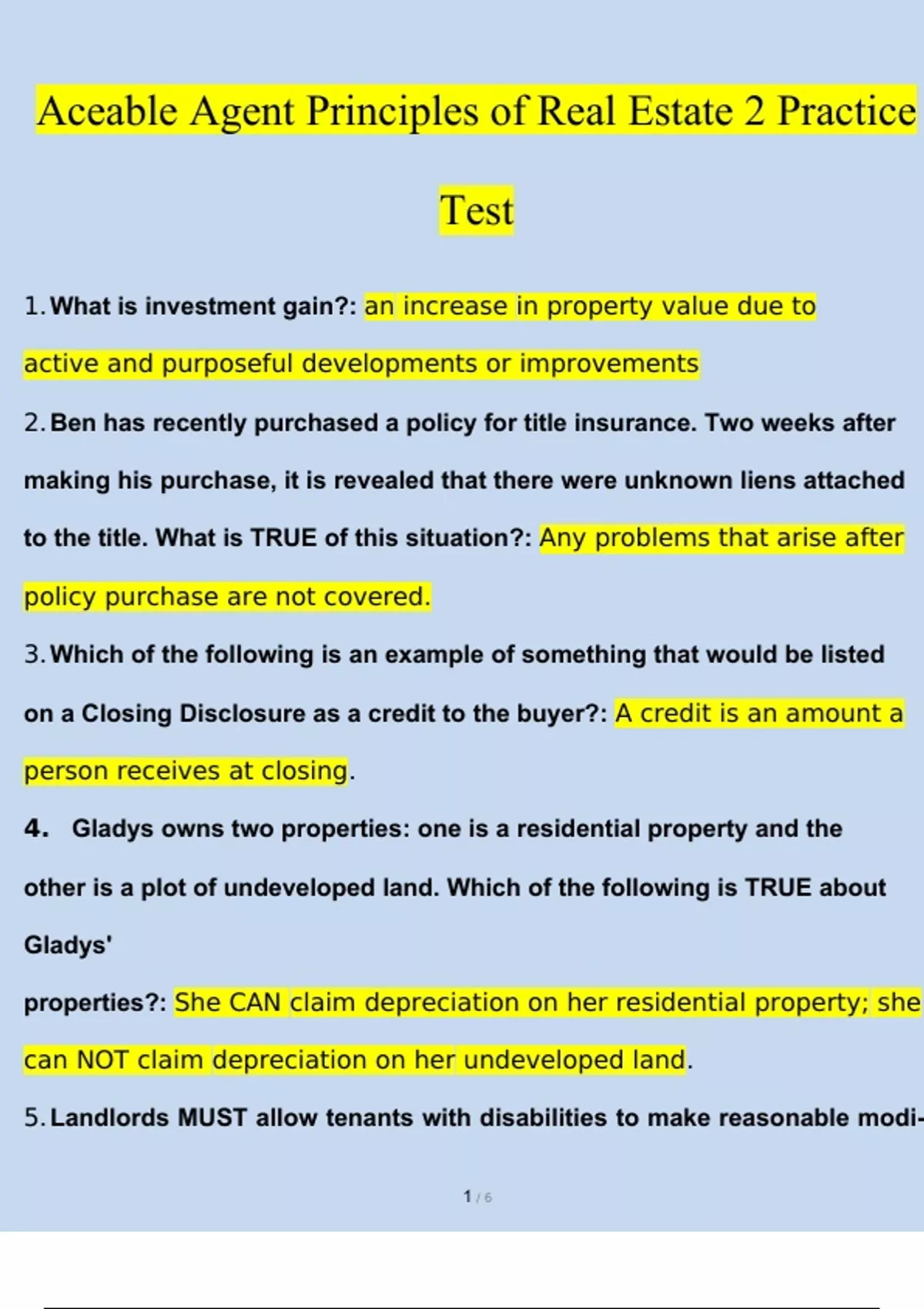 Aceable Agent Principles of Real Estate 2 Practice Test Solved 100% ...