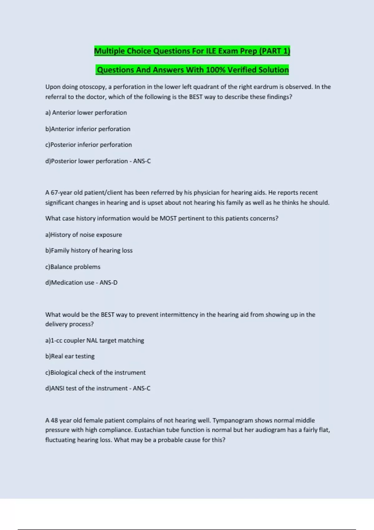 Multiple Choice Questions For ILE Exam Prep (PART 1) Questions And ...