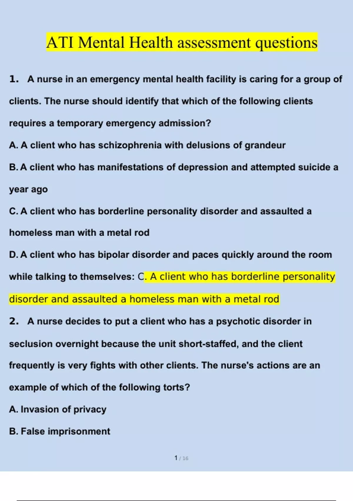 ATI Mental Health assessment questions Solved 100% Correct |2024/2025 ...
