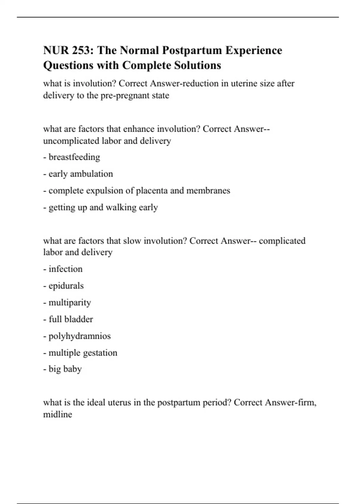NUR 253: The Normal Postpartum Experience Questions with Complete ...