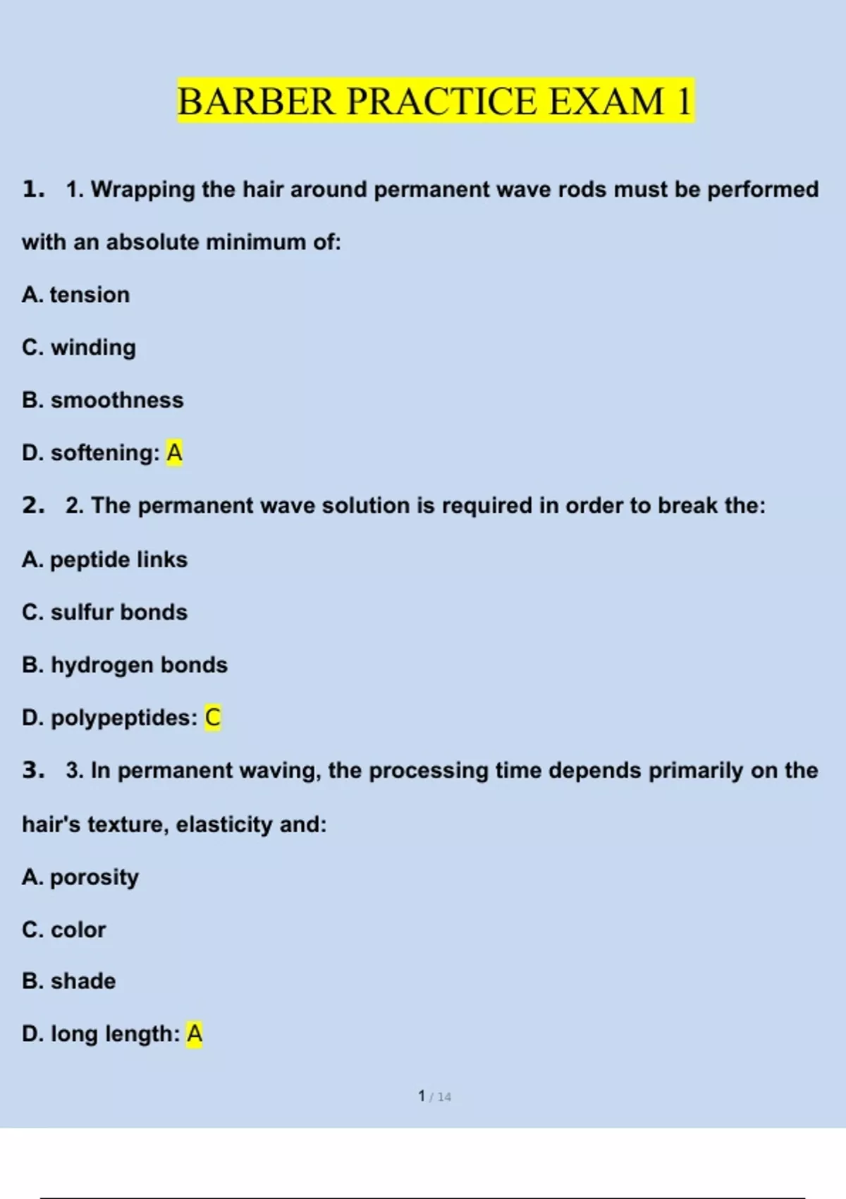 BARBER PRACTICE EXAM 1 Solved 100% Correct |2024/2025 Correct Questions ...