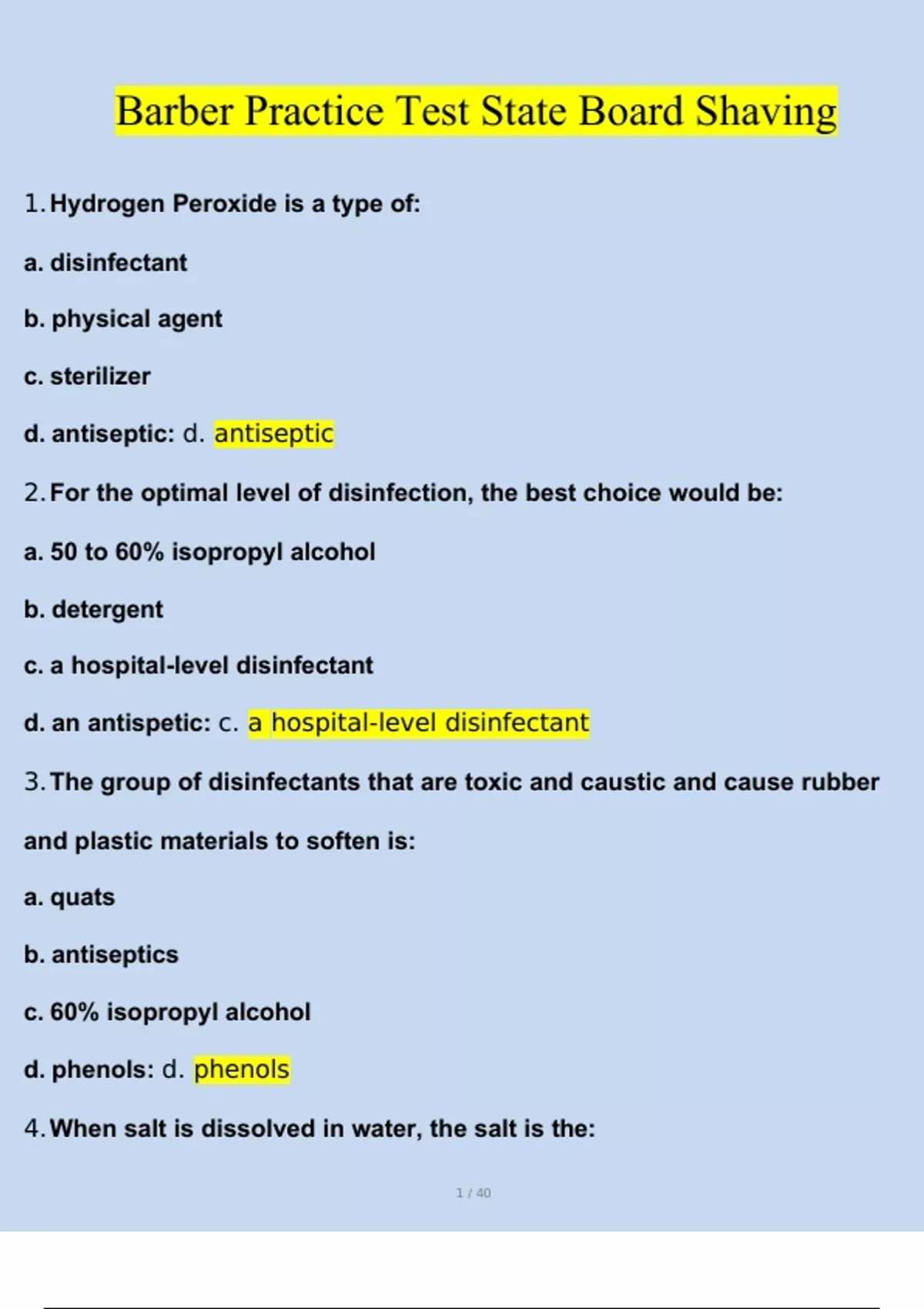 Barber Practice Test State Board Shaving questions Solved 100% Correct ...