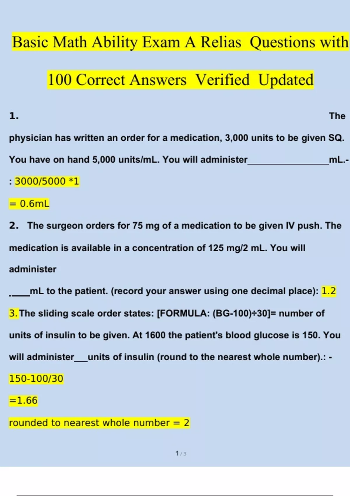 Basic Math Ability Exam A Relias Questions with 100 Correct Answers ...