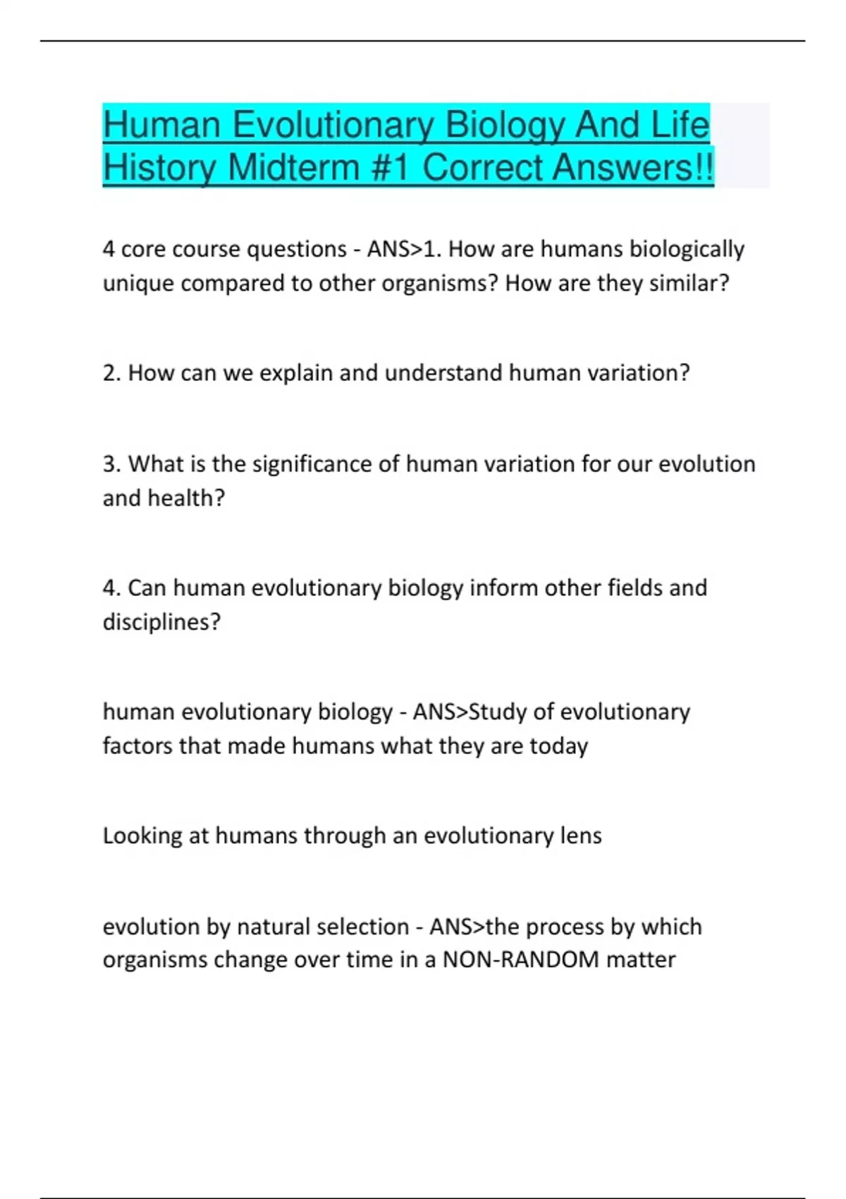 Human Evolutionary Biology And Life History Midterm #1 Correct Answers ...