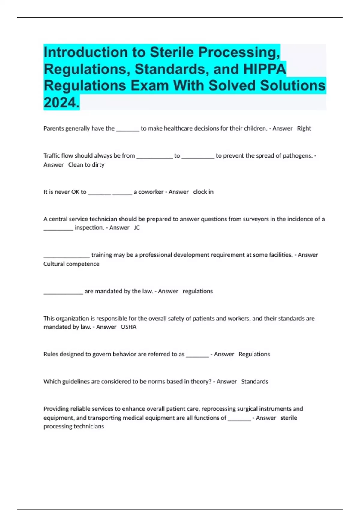 Introduction to Sterile Processing, Regulations, Standards, and HIPPA Regulations Exam With ...