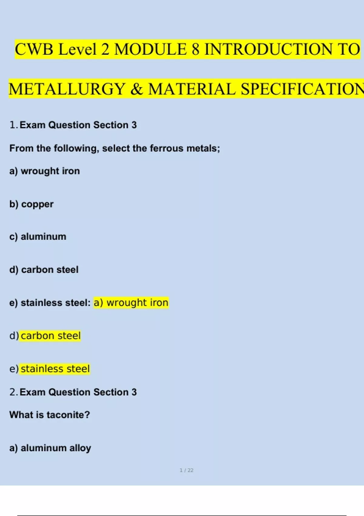 CWB Level 2 MODULE 8 INTRODUCTION TO METALLURGY & MATERIAL SPECIFICATION Solved 100% Correct ...