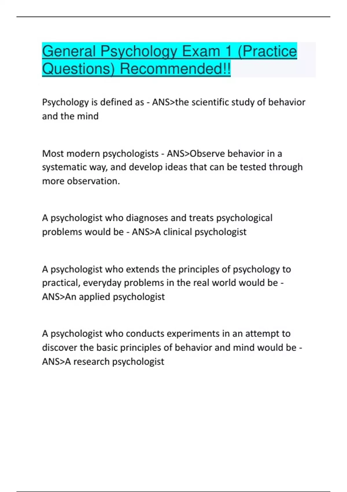 General Psychology Exam 1 (Practice Questions) Recommended!! Questions ...