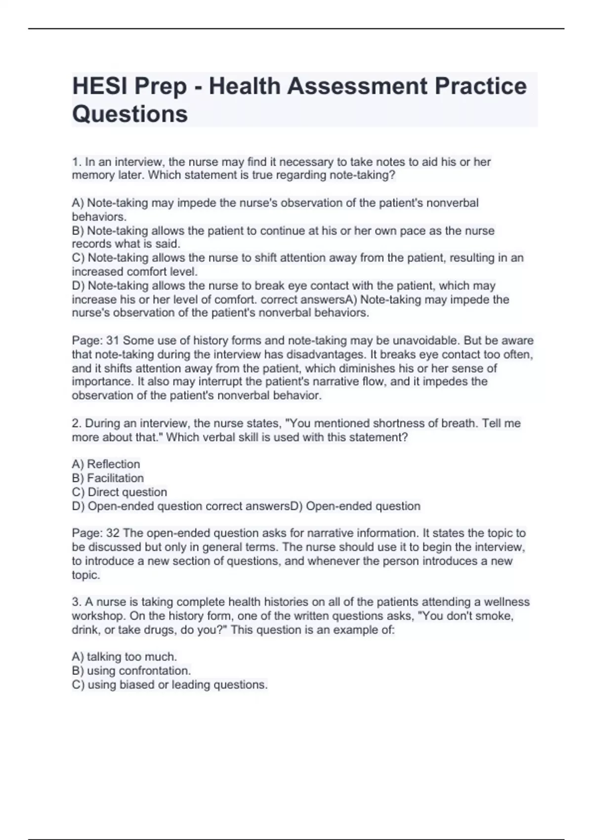 HESI Prep - Health Assessment Practice Questions 2024 with perfect ...