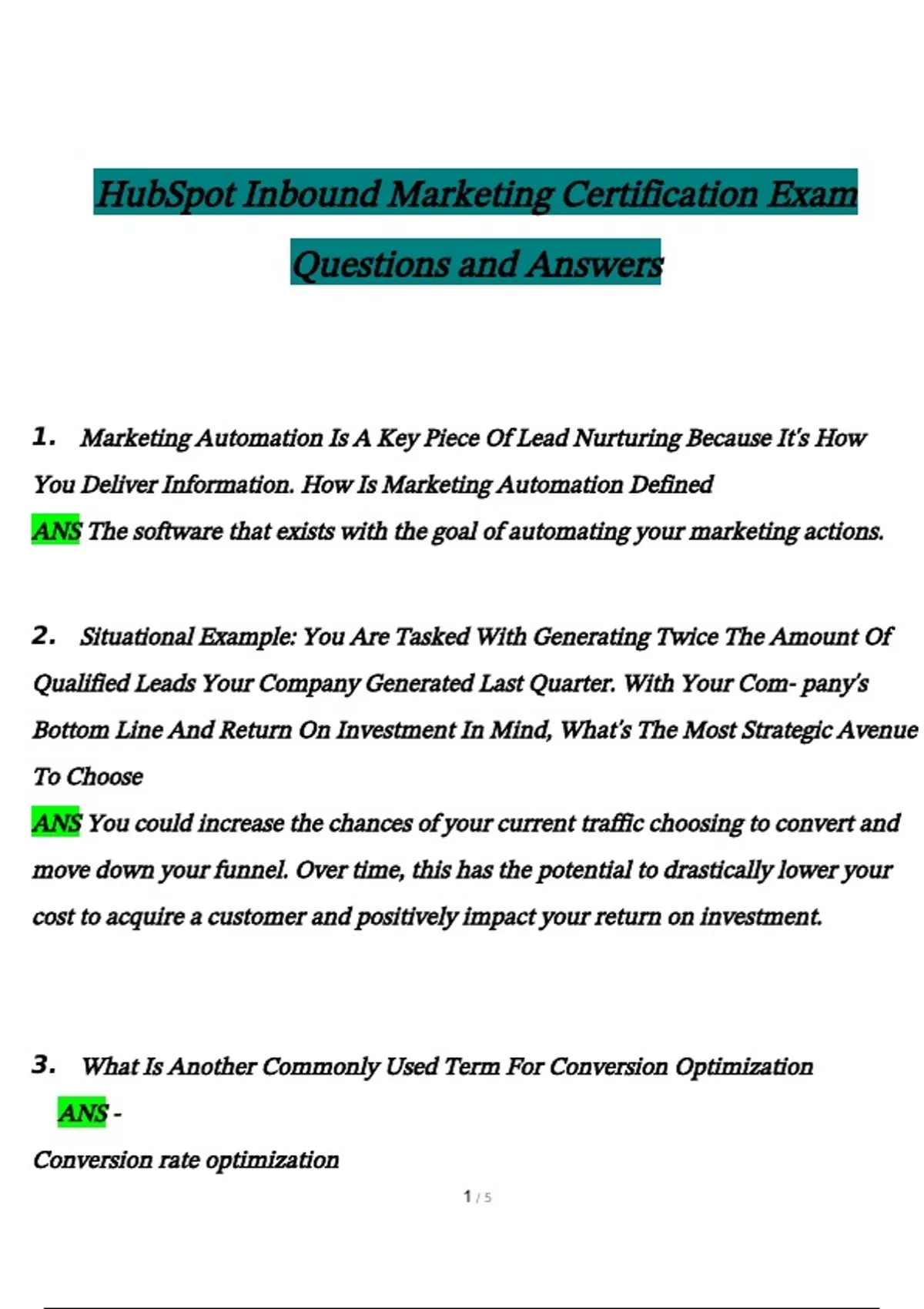 HubSpot Inbound Marketing Certification Exam Questions and Answers 2024 ...