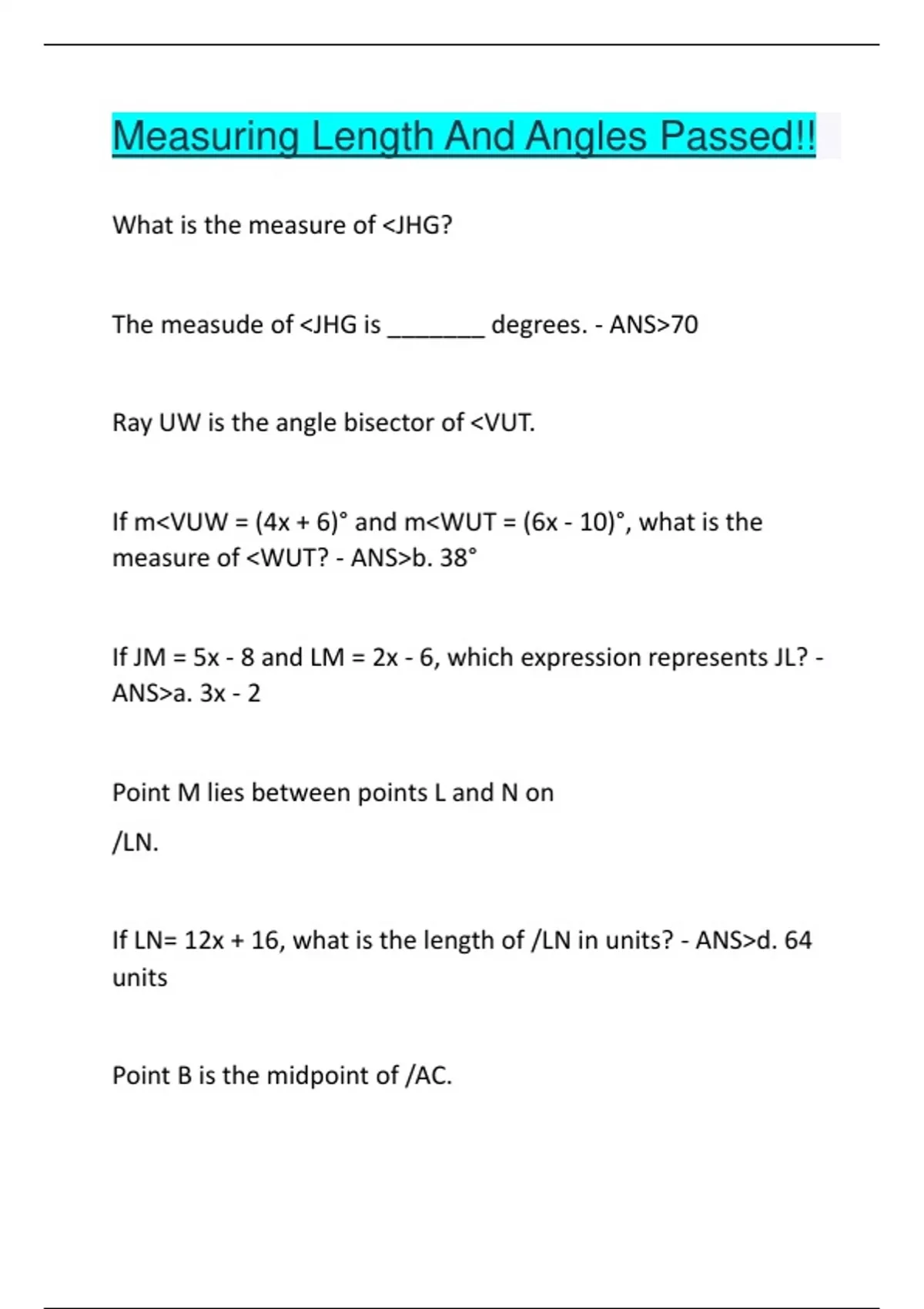 Measuring Length And Angles Passed!! Questions and answers latest ...