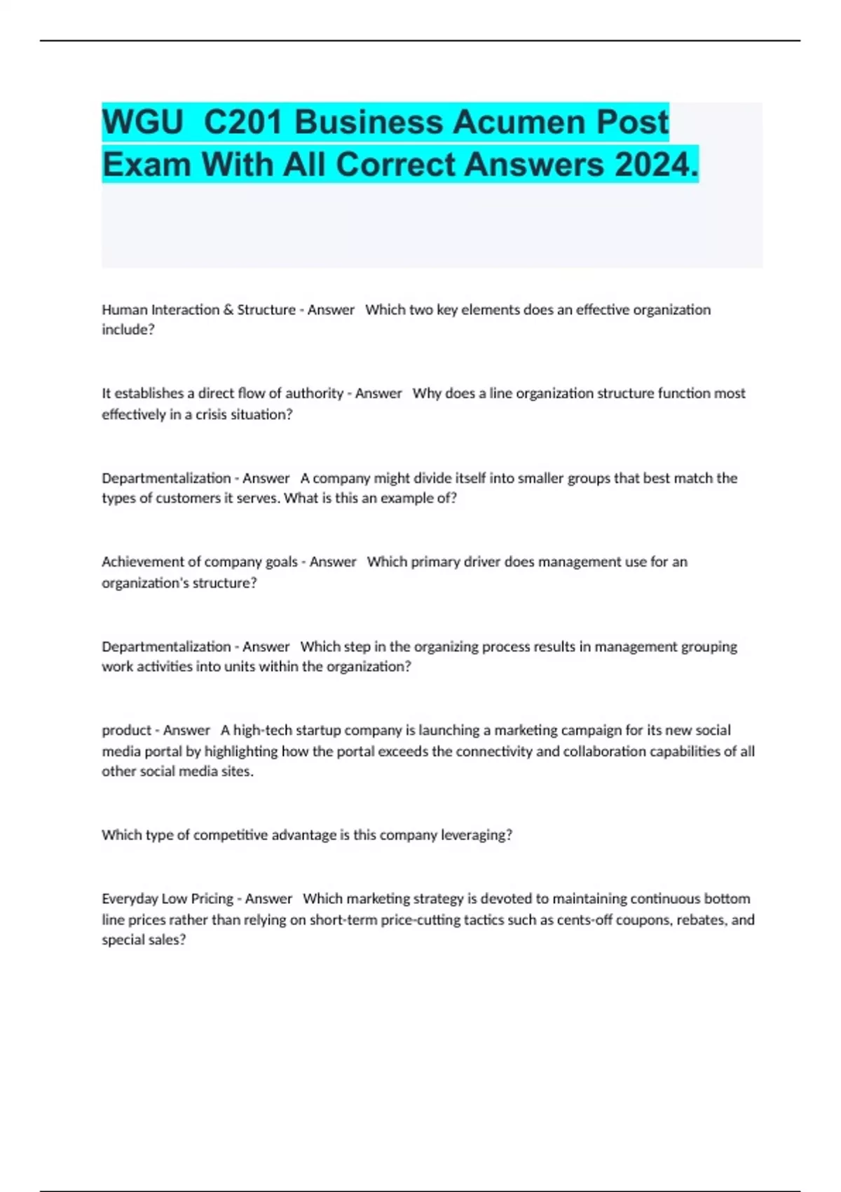 WGU C201 Business Acumen Post Exam With All Correct Answers 2024. - WGU C201 - Stuvia UK