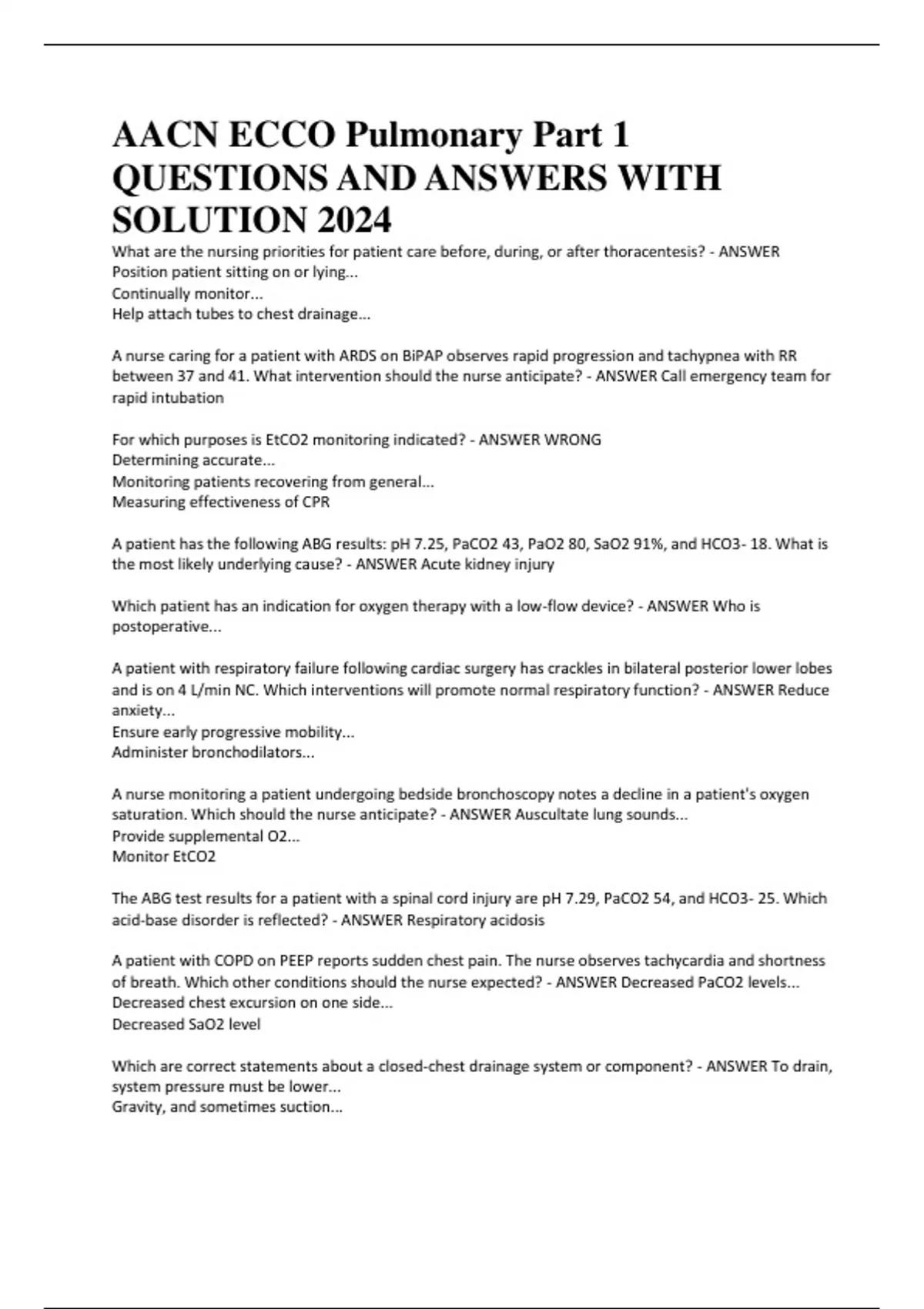 AACN ECCO Pulmonary Part 1 QUESTIONS AND ANSWERS WITH SOLUTIONS 2024 ...