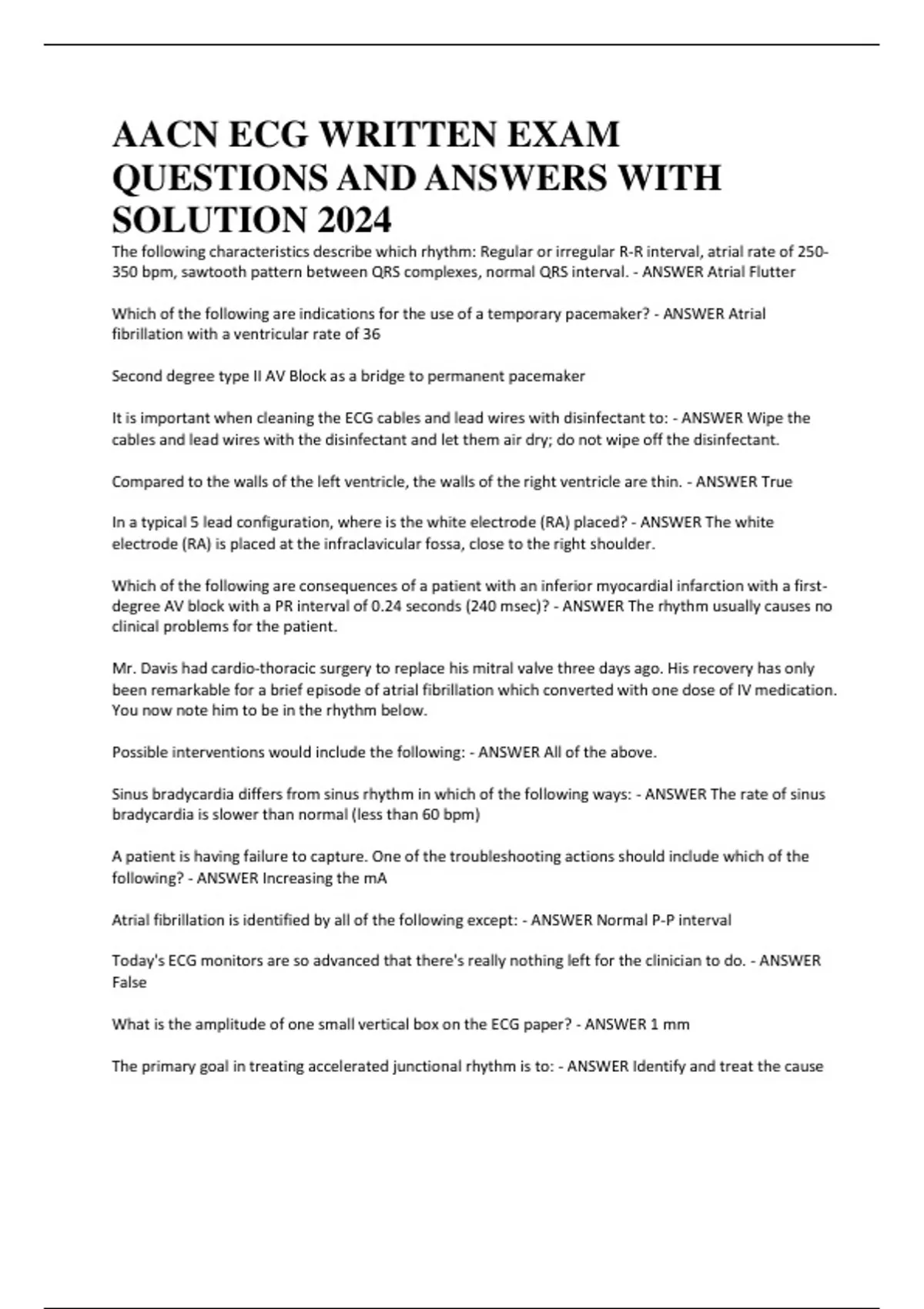 AACN ECG WRITTEN EXAM QUESTIONS AND ANSWERS WITH SOLUTIONS 2024 - AACN ...