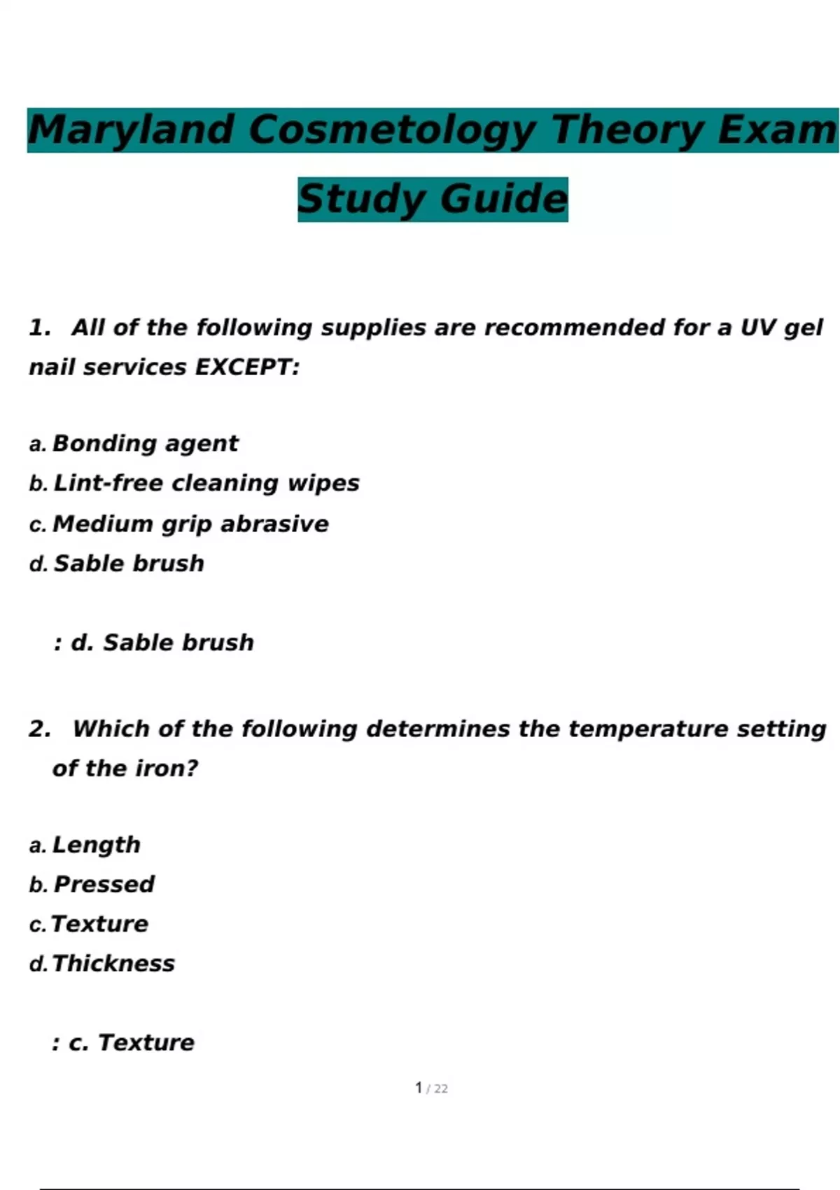 Maryland Cosmetology Theory Exam Study Guide Questions and Answers 2024 ...