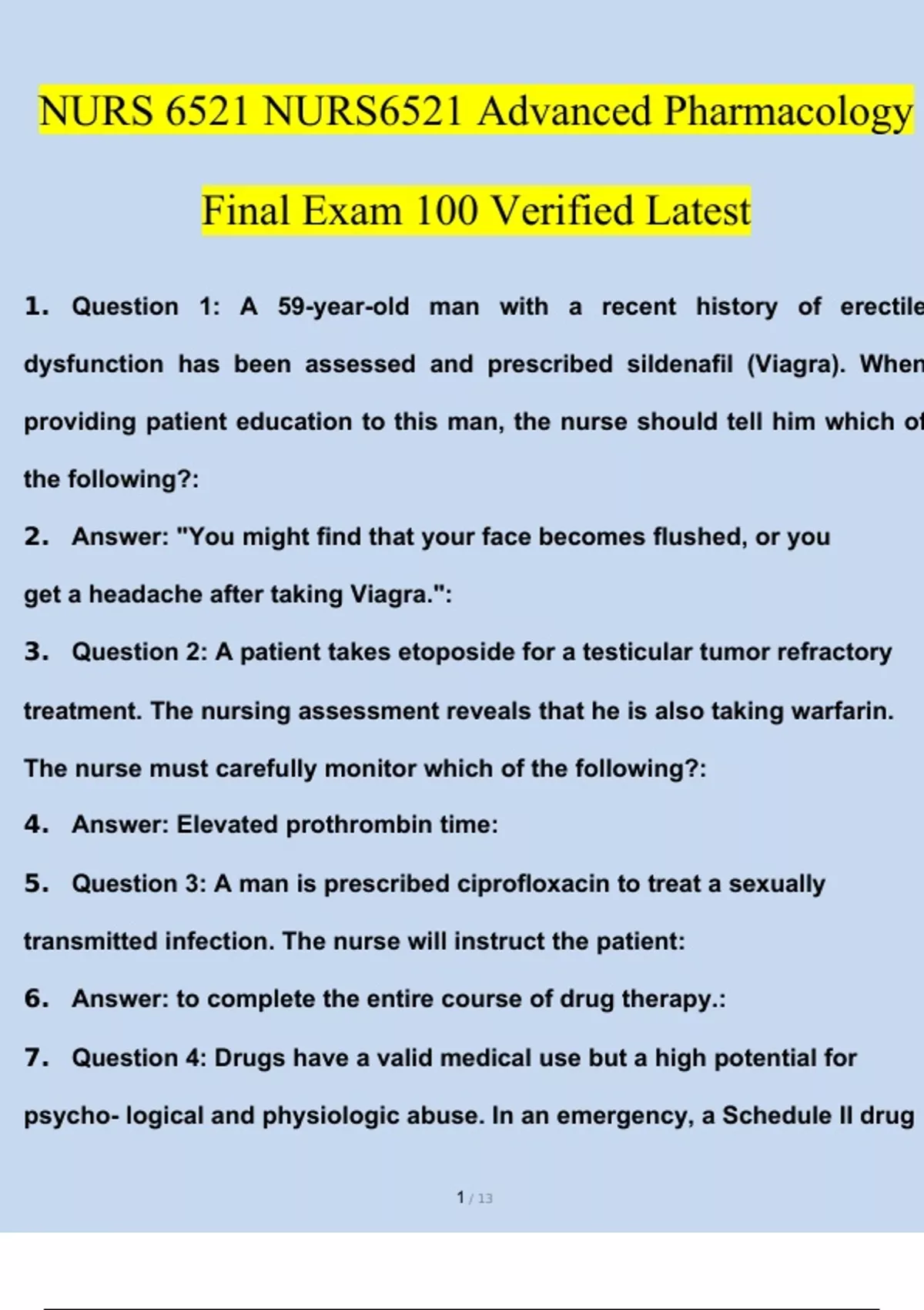 NURS 6521 NURS6521 Advanced Pharmacology Final Exam 100 Solved 100% ...
