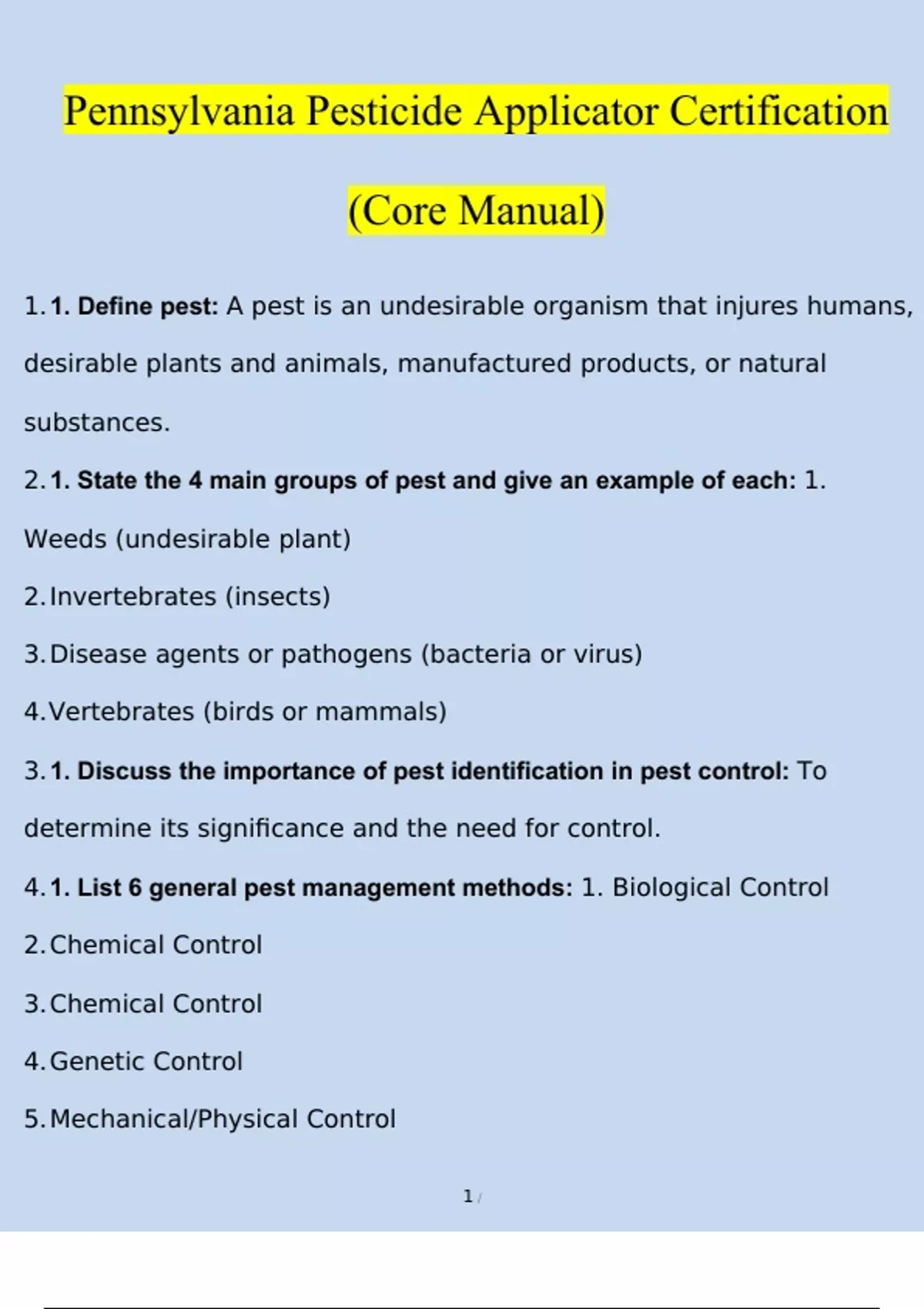 Pennsylvania Pesticide Applicator Certification (Core Manual) Solved ...