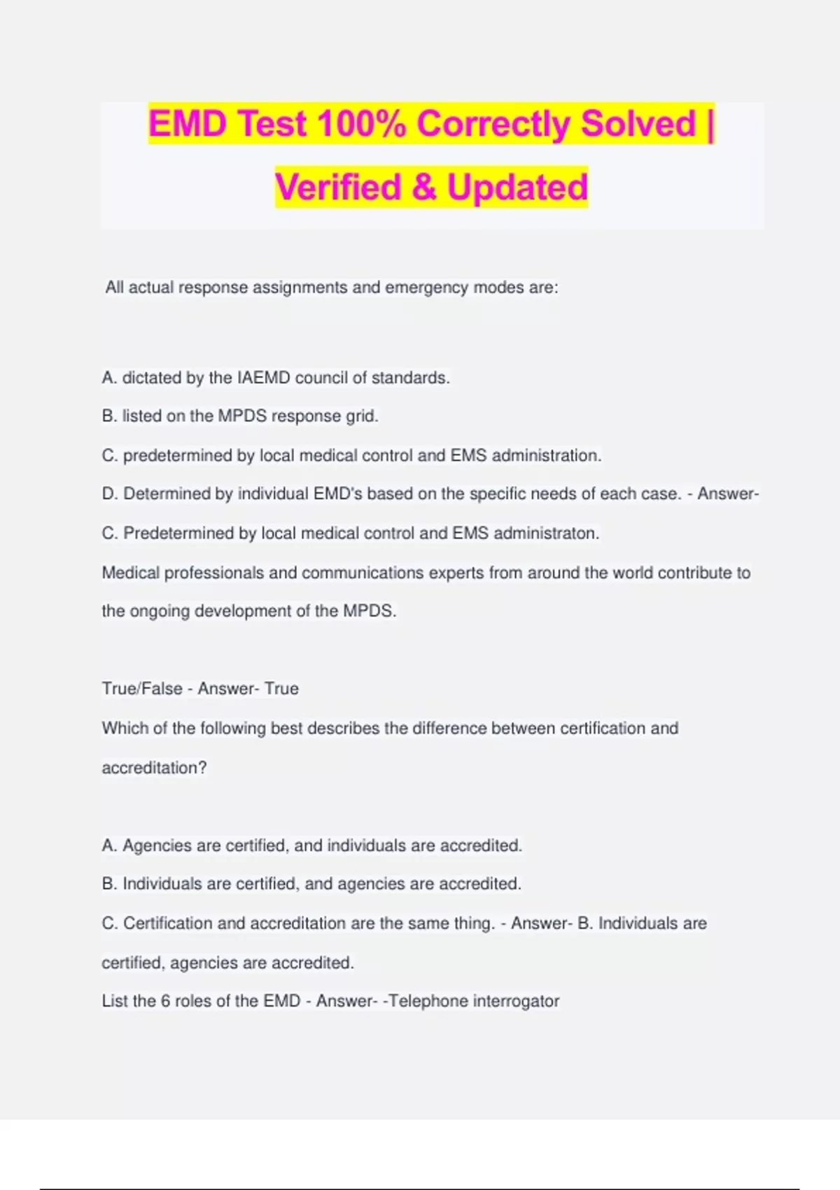 EMD Test 100% Correctly Solved | Verified & Updated - EMD - Stuvia US