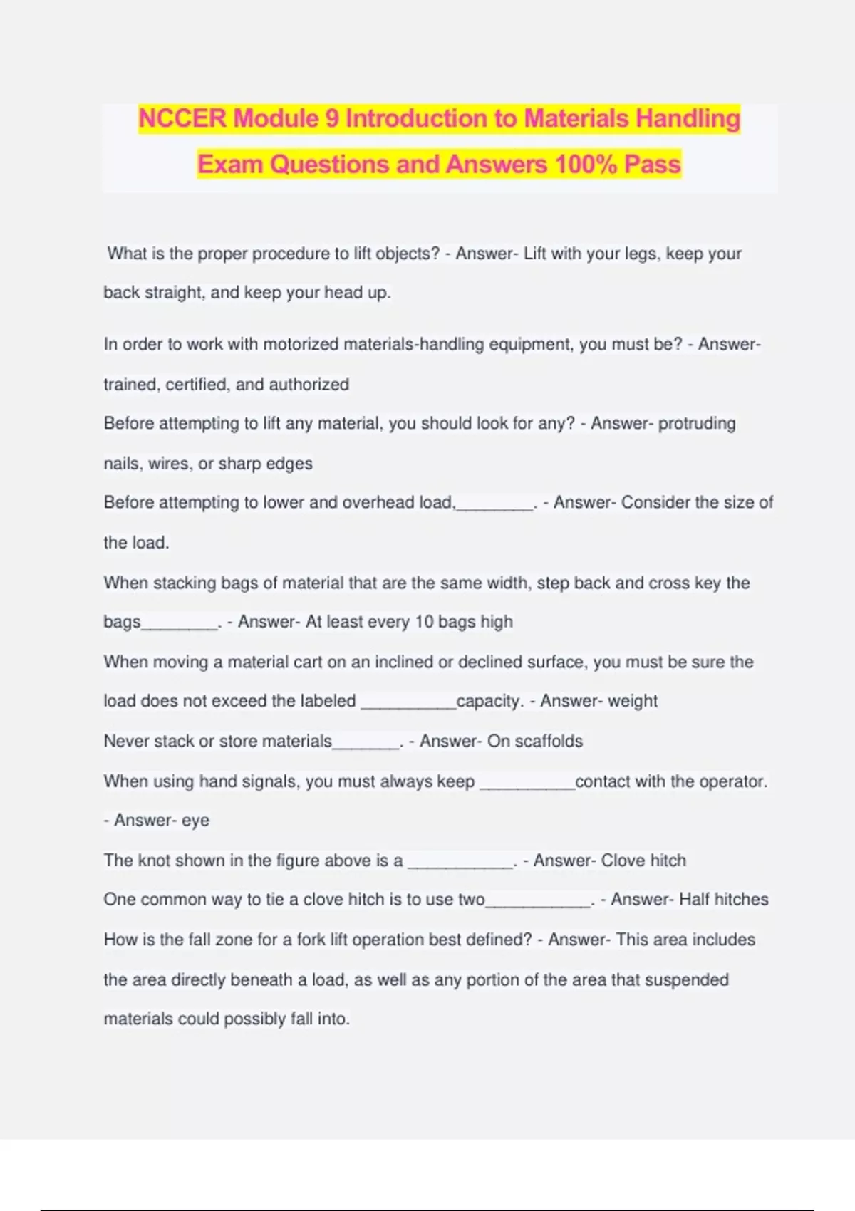 NCCER Module 9 Introduction to Materials Handling Exam Questions and ...