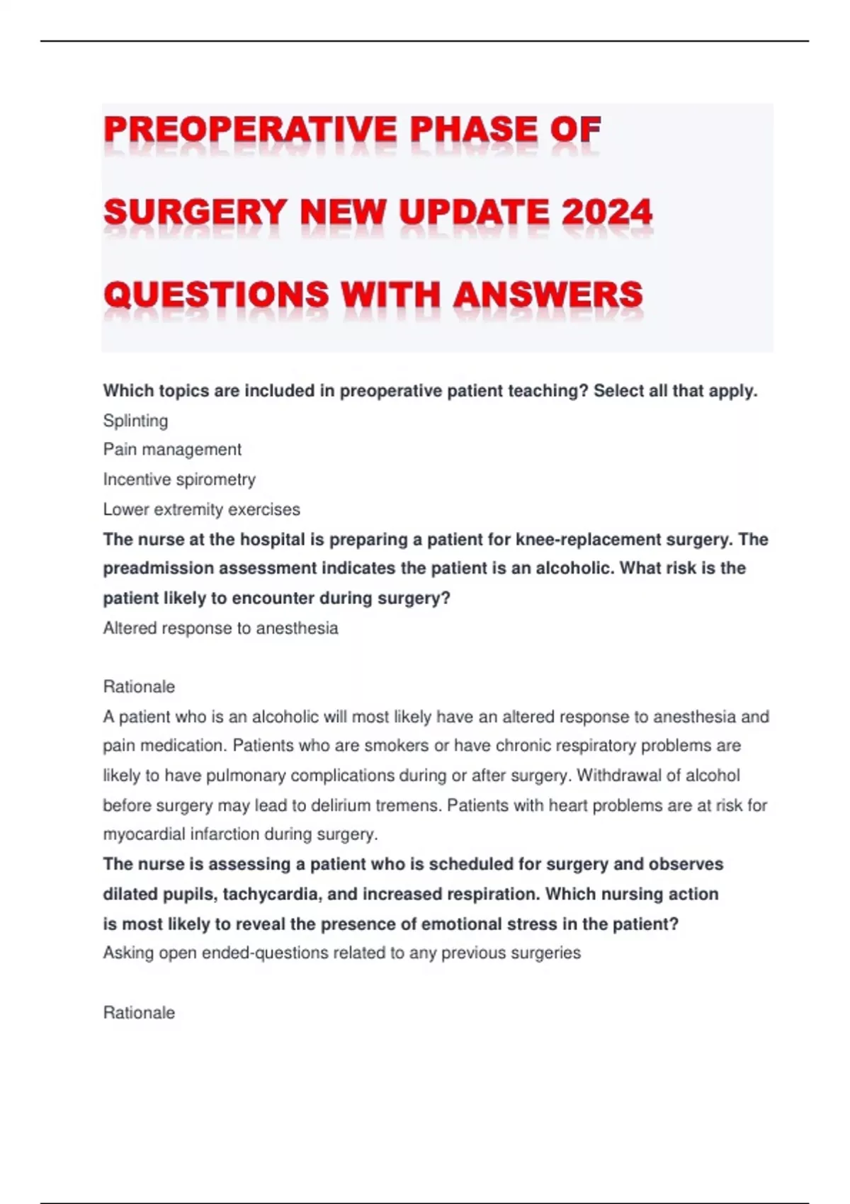 PREOPERATIVE PHASE OF SURGERY NEW UPDATE 2024 QUESTIONS WITH ANSWERS ...