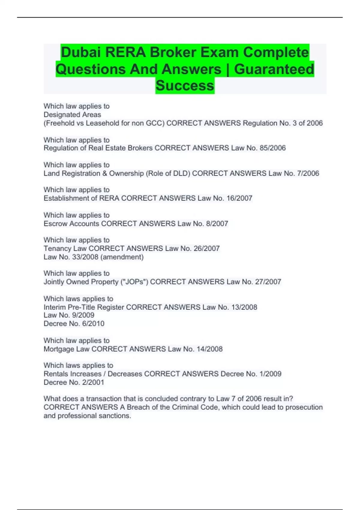 Dubai RERA Broker Exam Complete Questions And Answers | Guaranteed ...