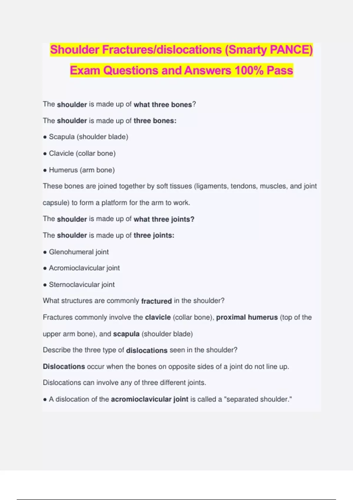 Shoulder Fractures/dislocations (Smarty PANCE) Exam Questions and ...