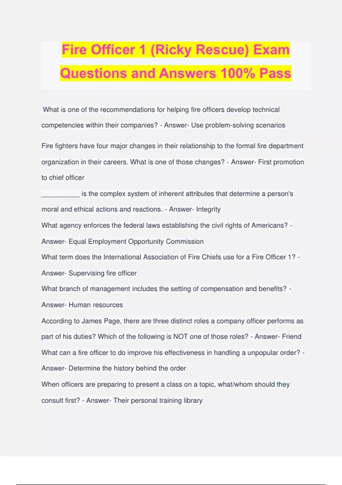 Fire Officer 1 (Ricky Rescue) Exam Questions and Answers 100% Pass ...