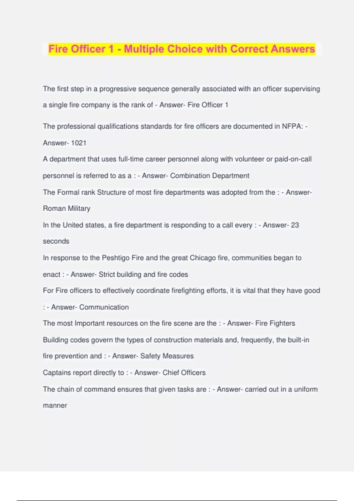 Fire Officer 1 - Multiple Choice with Correct Answers - Florida Fire ...