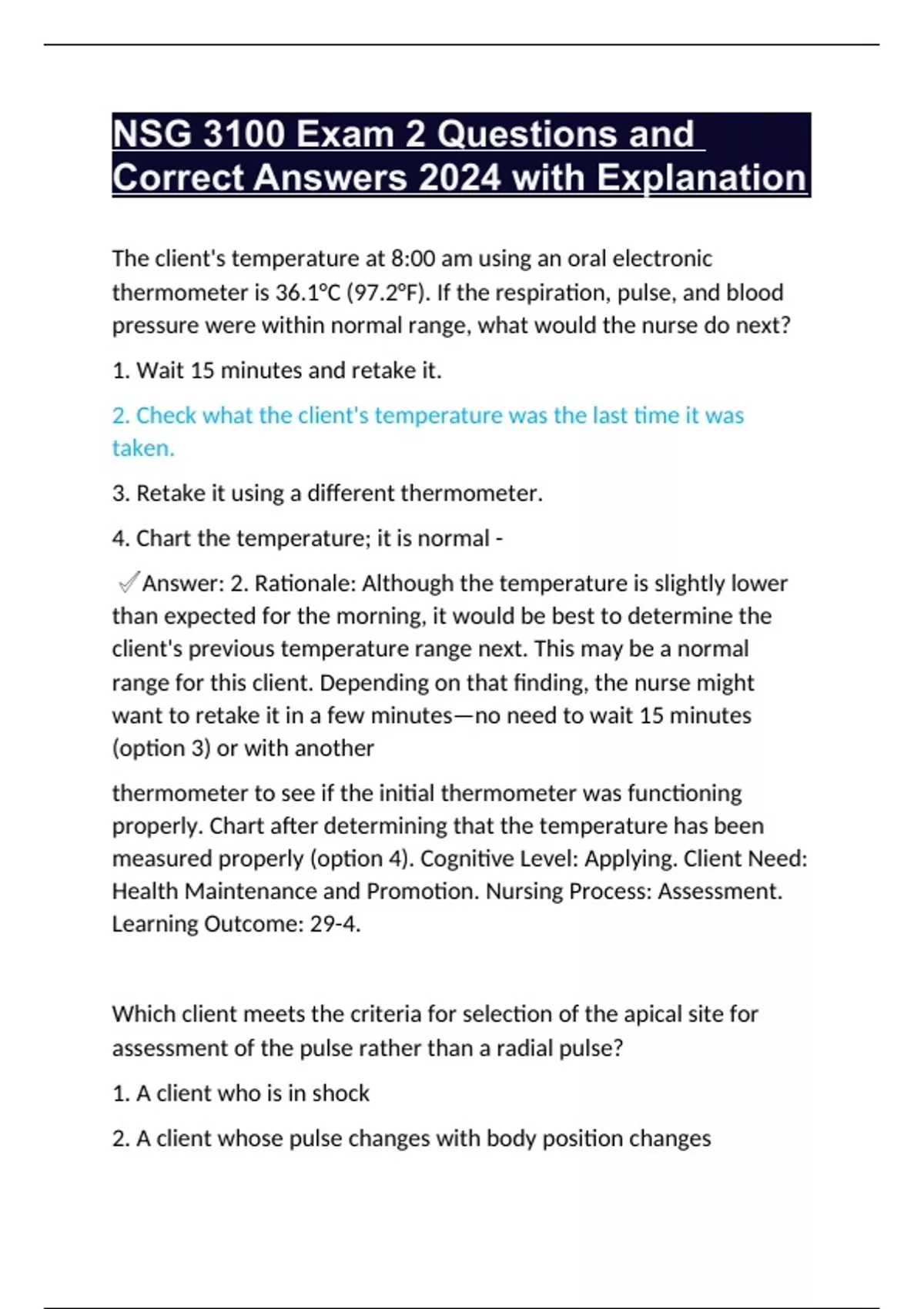 NSG 3100 Exam 2 Questions and Correct Answers 2024 with Explanation. - NSG 3130 - Stuvia US