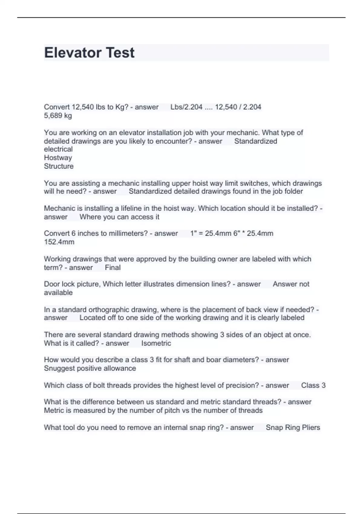 Elevator Test Questions and Answers 2024 - Elevator mechanics - Stuvia US