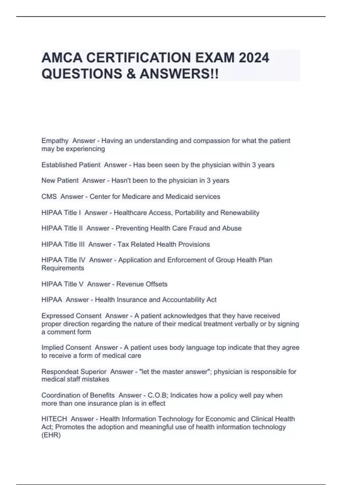 AMCA CERTIFICATION EXAM 2024 QUESTIONS & ANSWERS!! - AMCA - Stuvia US