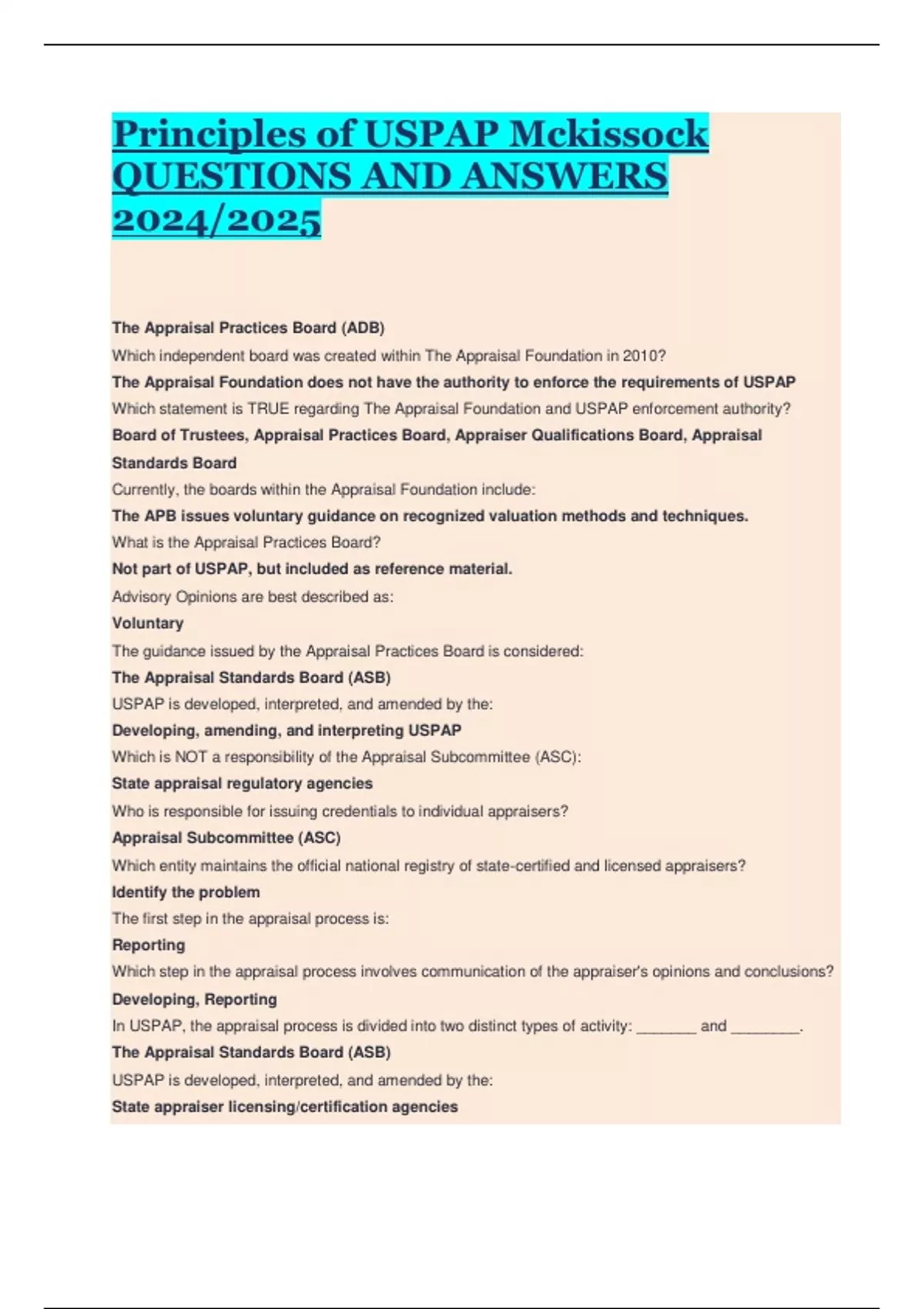 Principles of USPAP Mckissock QUESTIONS AND ANSWERS 2024/2025 ...