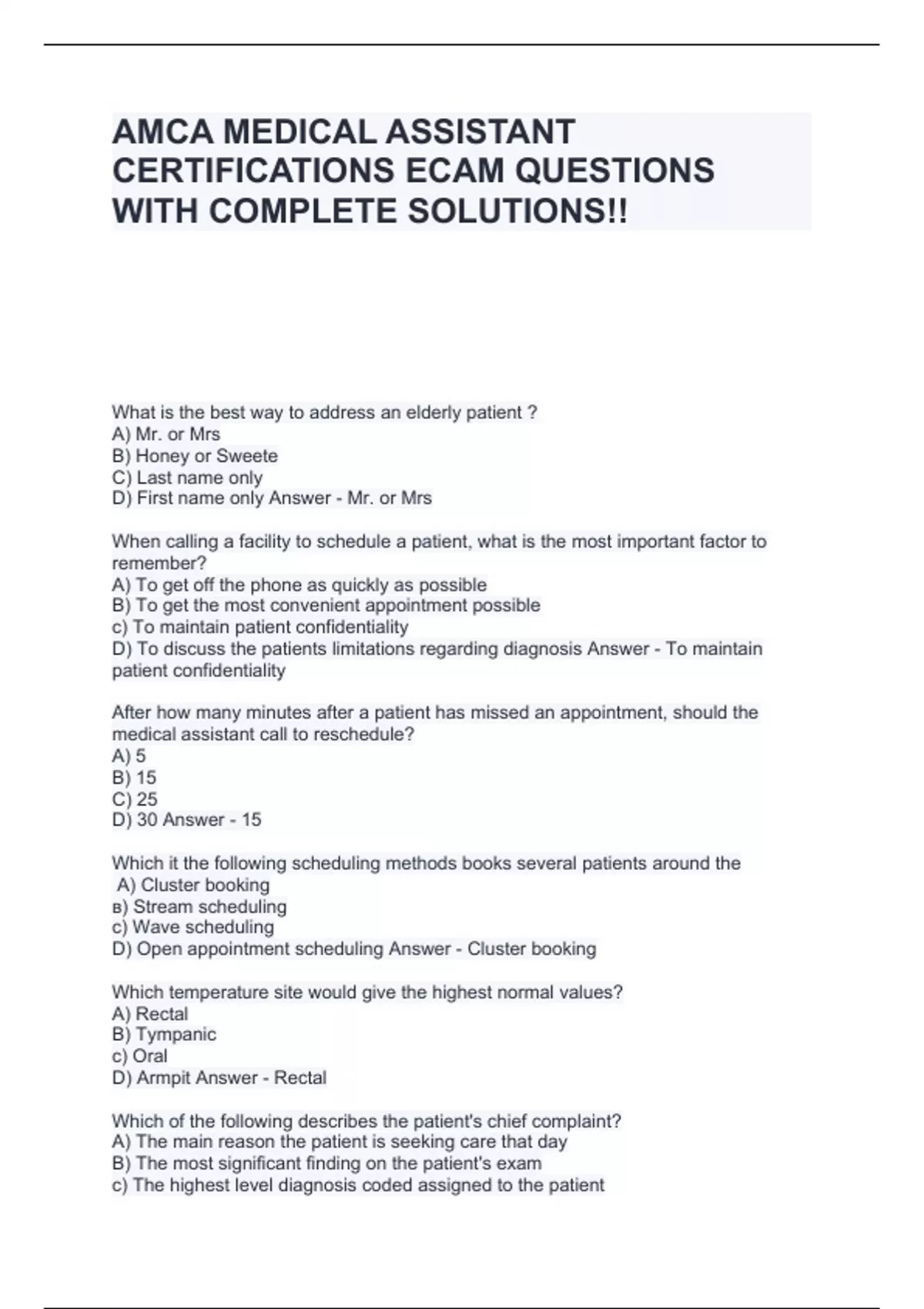 AMCA MEDICAL ASSISTANT CERTIFICATIONS ECAM QUESTIONS WITH COMPLETE SOLUTIONS!! - AMCA CMA ...