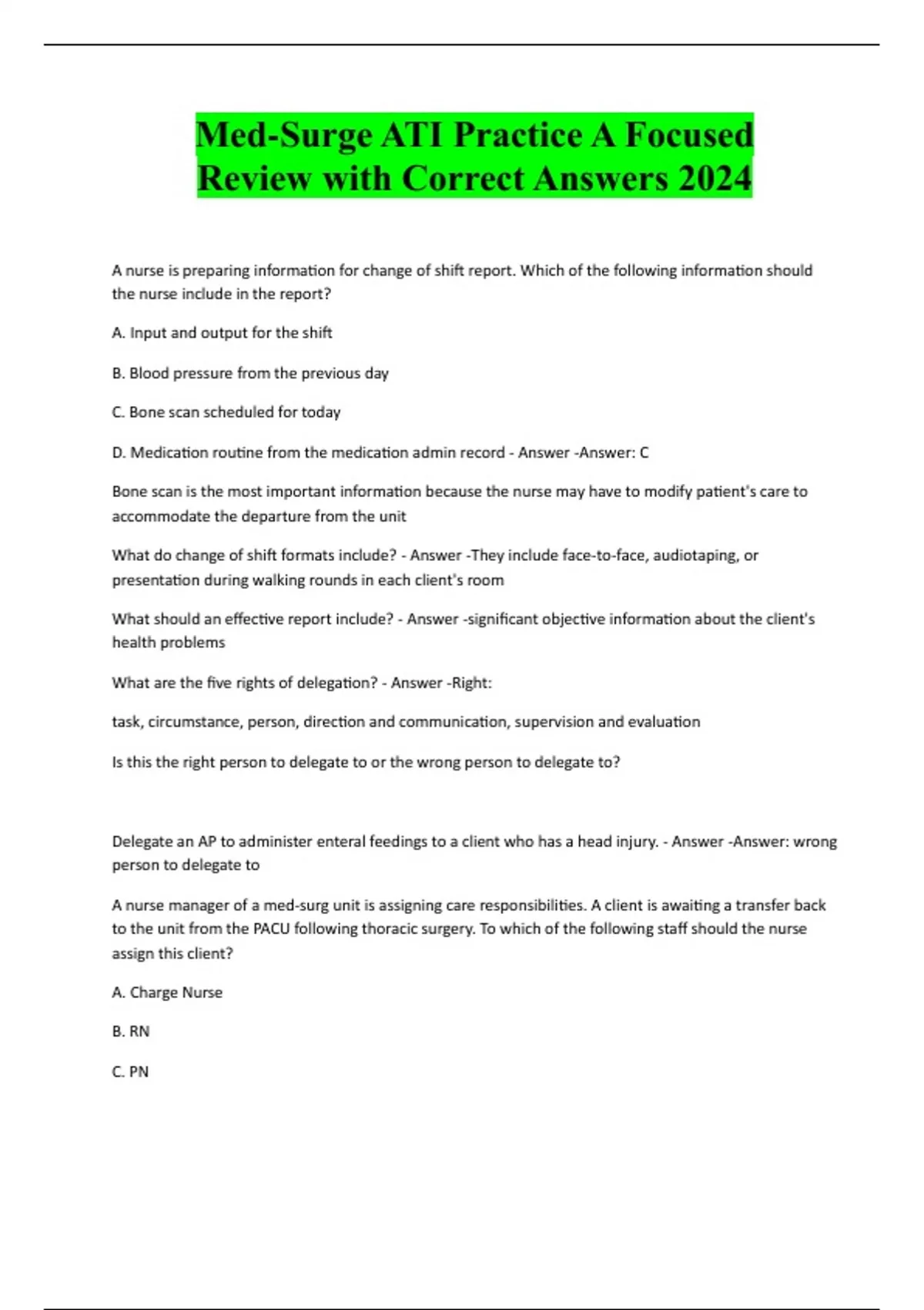 Med-Surge ATI Practice A Focused Review with Correct Answers 2024 - ATI ...